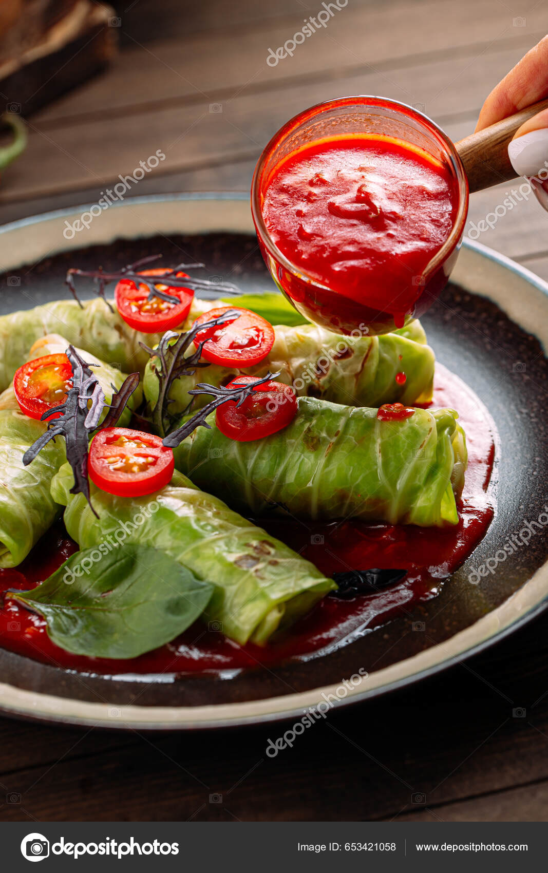 Pouring Sauce Russian Stuffed Cabbage Rolls Golubtsy — Stock Photo ...