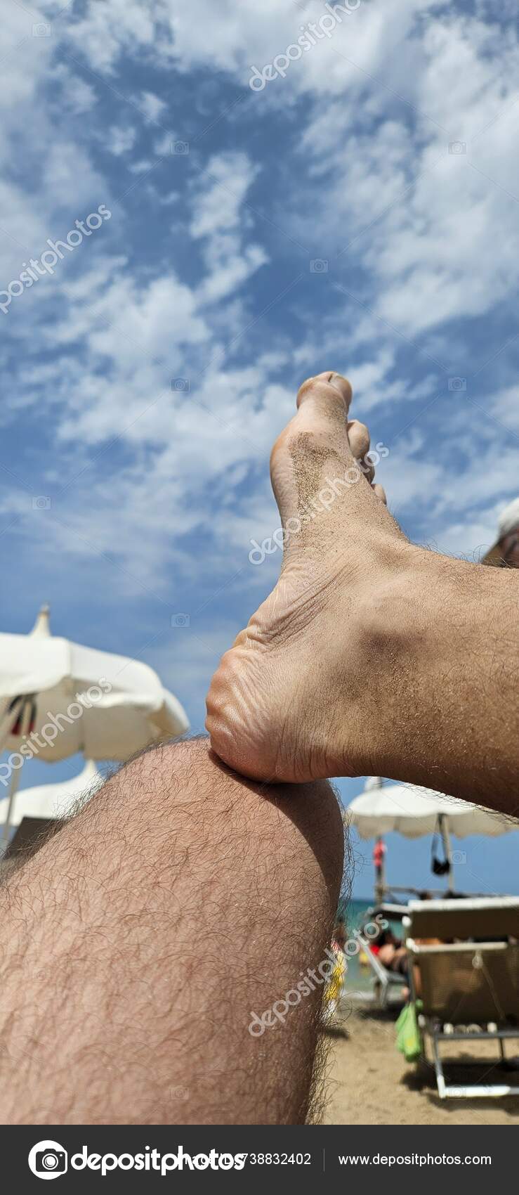 Relaxed View Persons Feet Propped Beach Clear Blue Sky Umbrellas ...