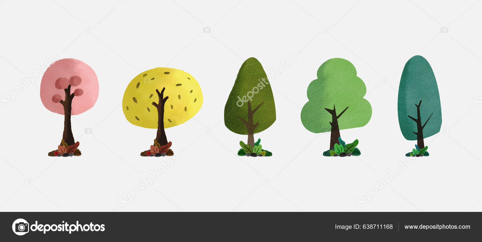 Set Watercolor Stylized Trees Natural Vector Illustration Side View ...