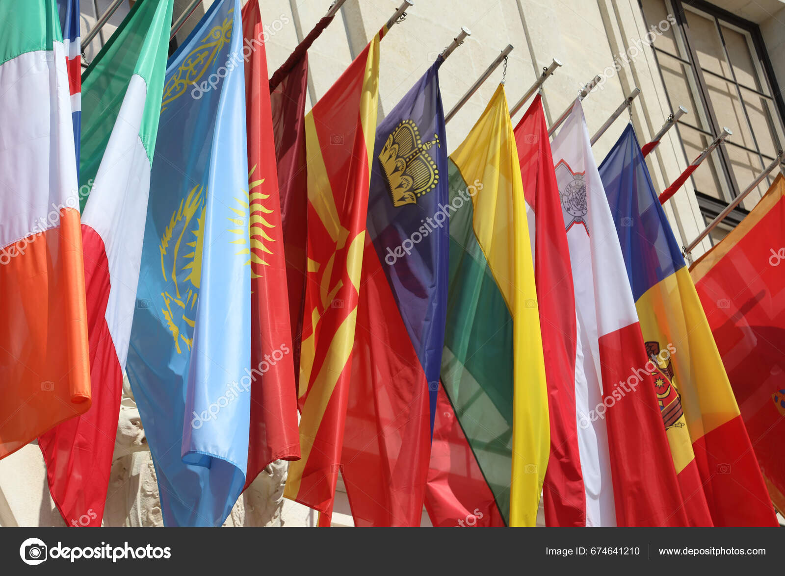 Colorful Flags Many World Nations Hanging Government Building People ...