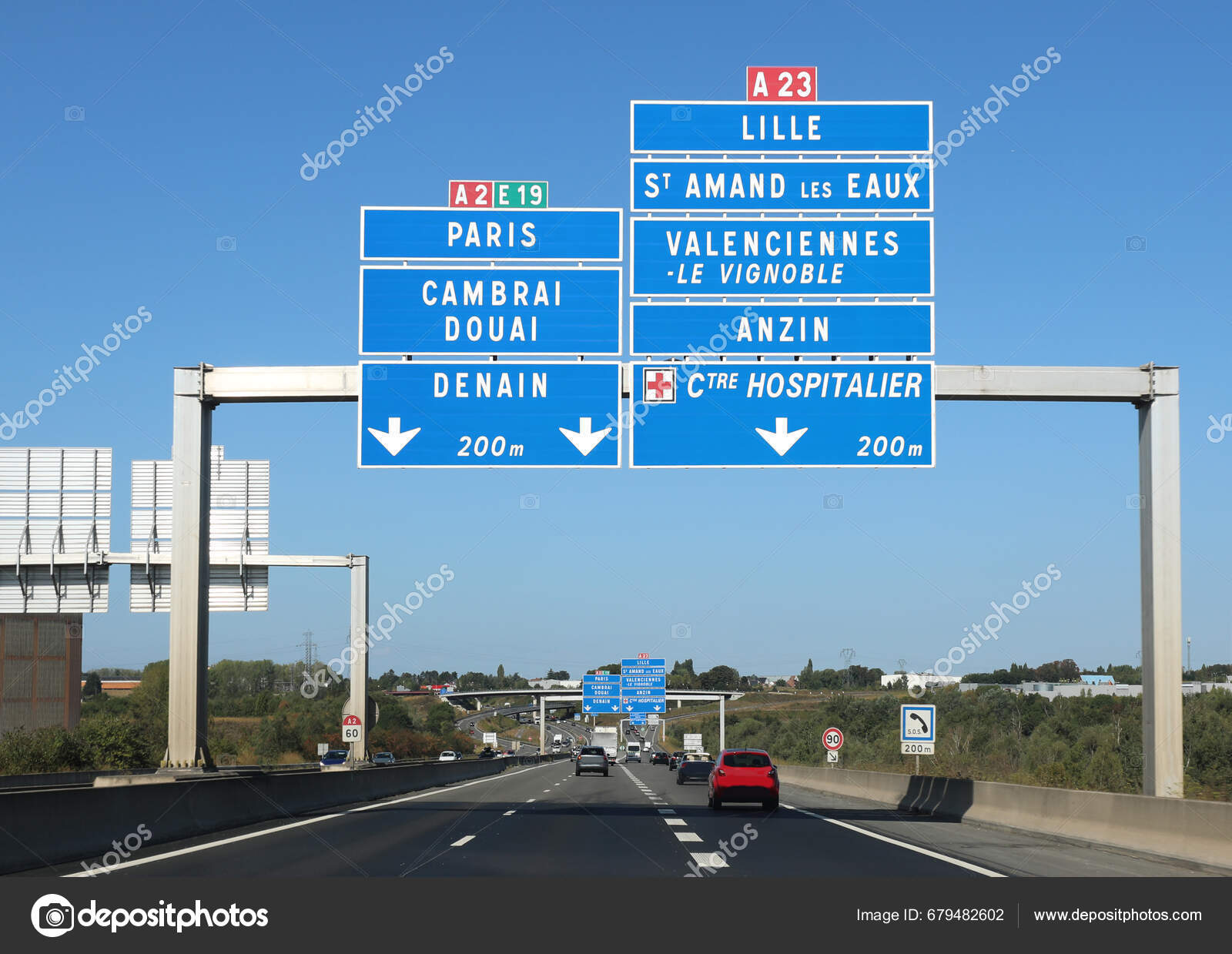 Road Signs French Locations Wide Highway Three Lanes Cars — Stock Photo ...