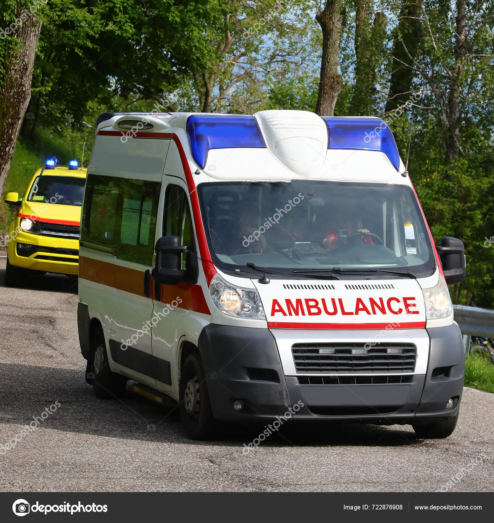 White Emergency Ambulance Van Its Blue Lights Flashing While Responding ...