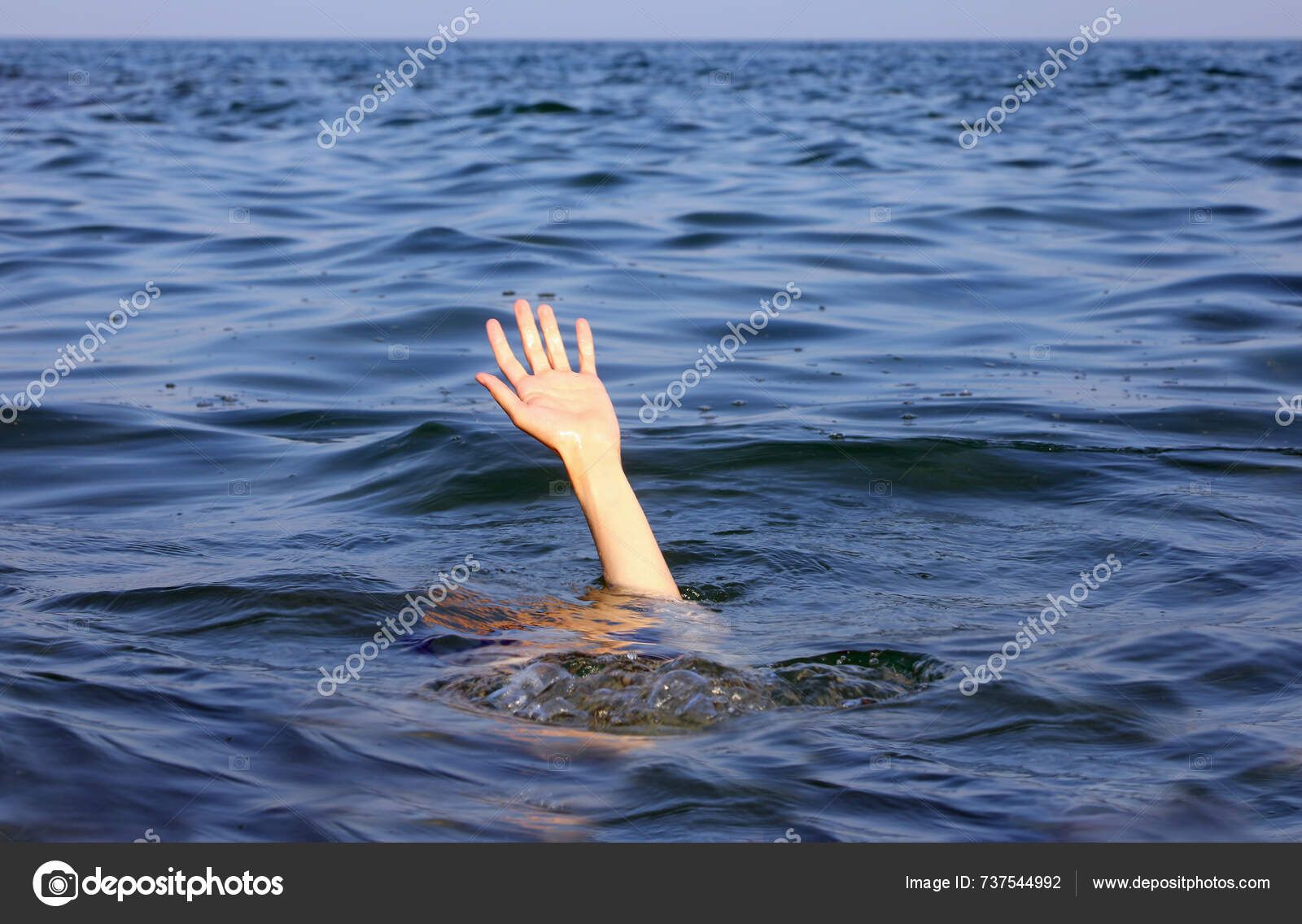 Human Hand Drowning Middle Sea Reaching Out Help — Stock Photo ...