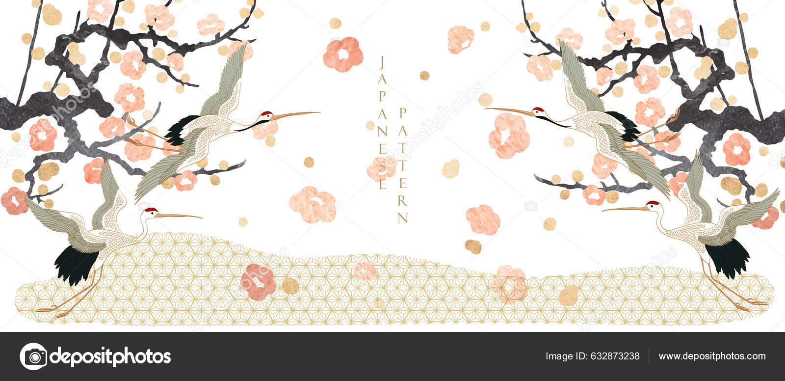Crane Birds Art Natural Landscape Background Pink Watercolor Texture ...