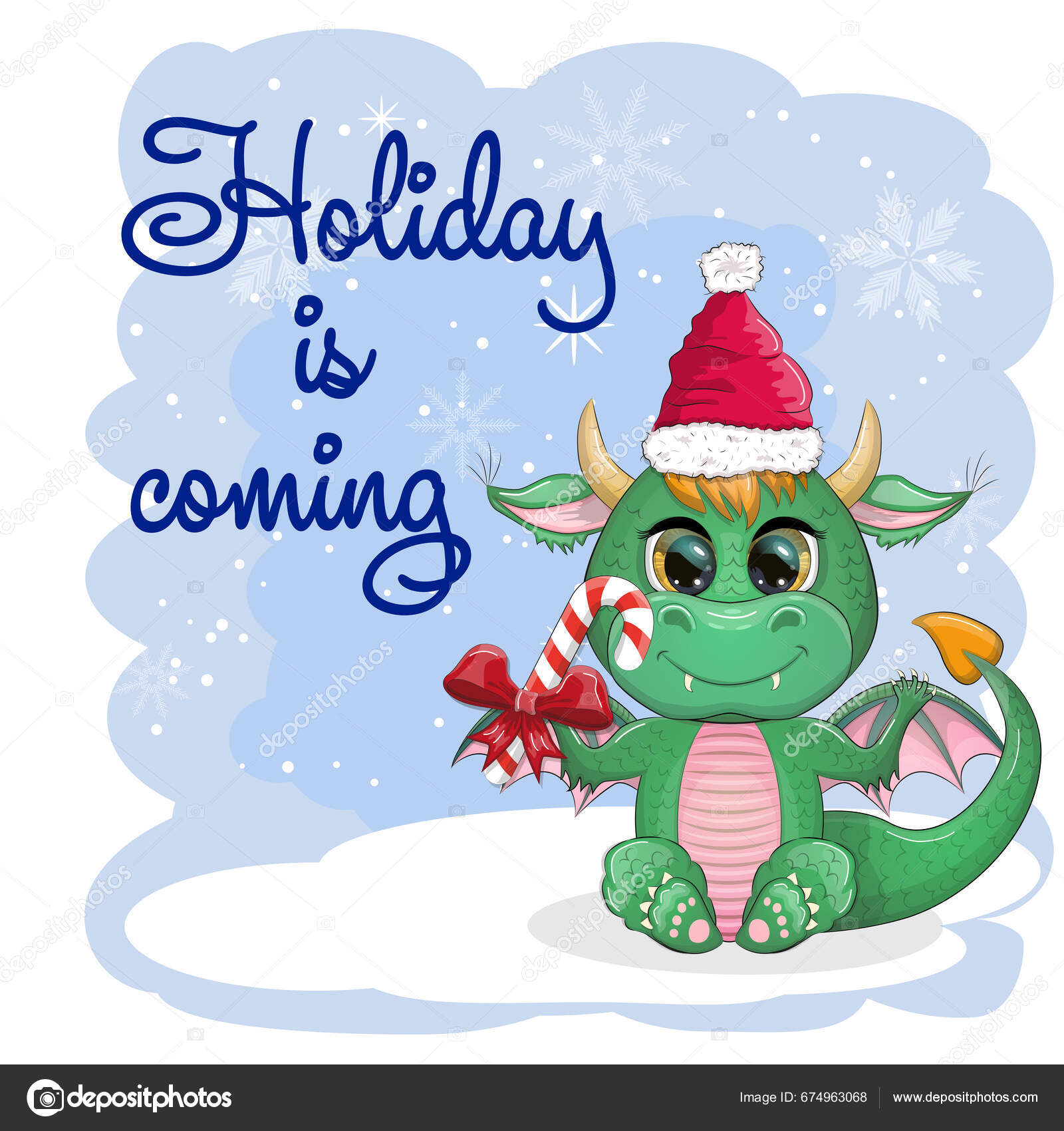 Helgen Kommer Söt Tecknad Grön Drake Tomte Hatt 2024 Nytt vektor av ...