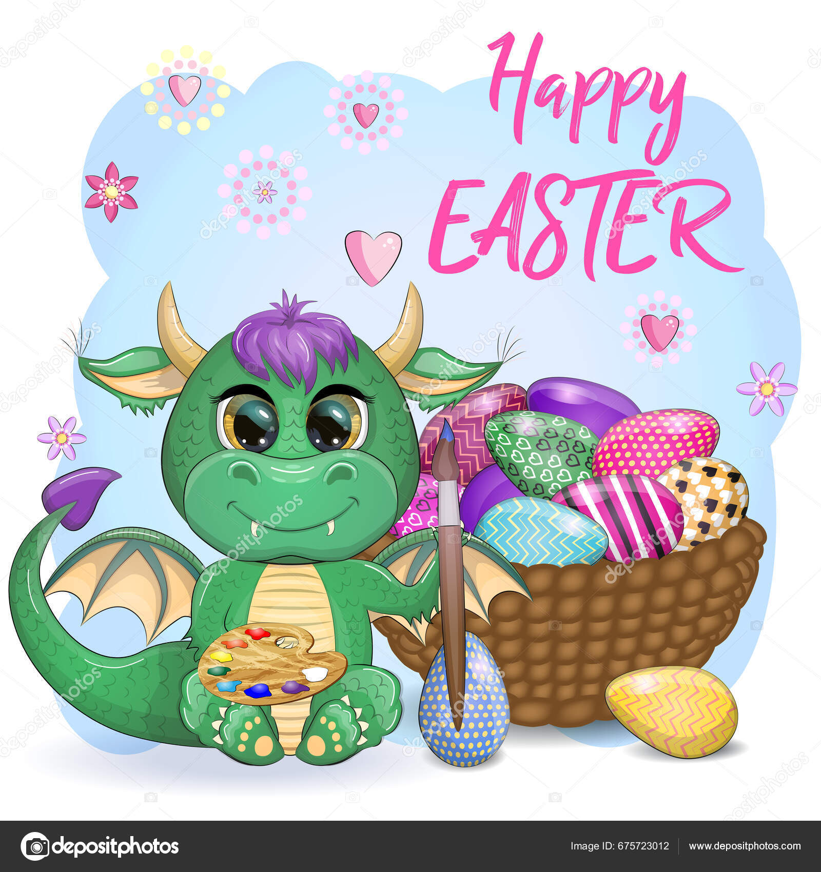 Cute Cartoon Green Baby Dragon Easter Egg Symbol 2024 According Stock ...
