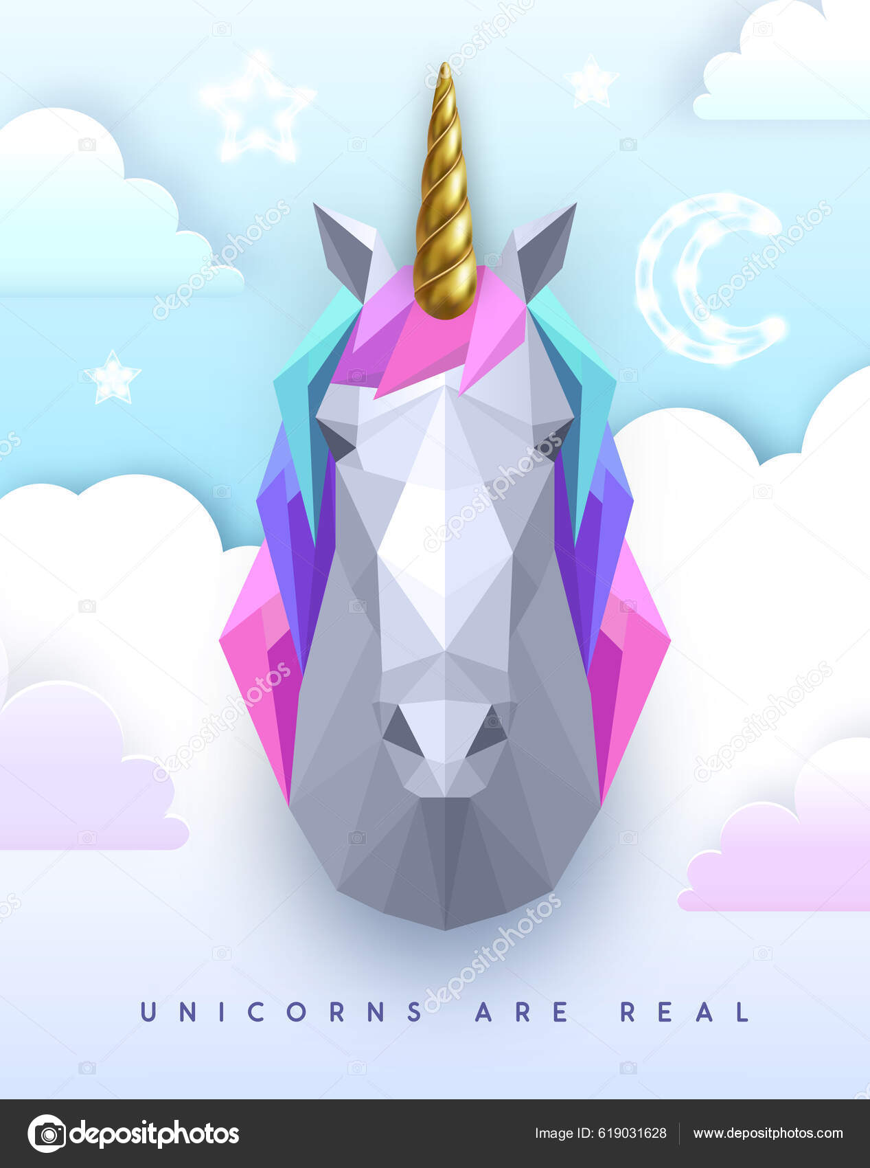 Polygon Paper Unicorn Head Golden Horn White Background Vector ...