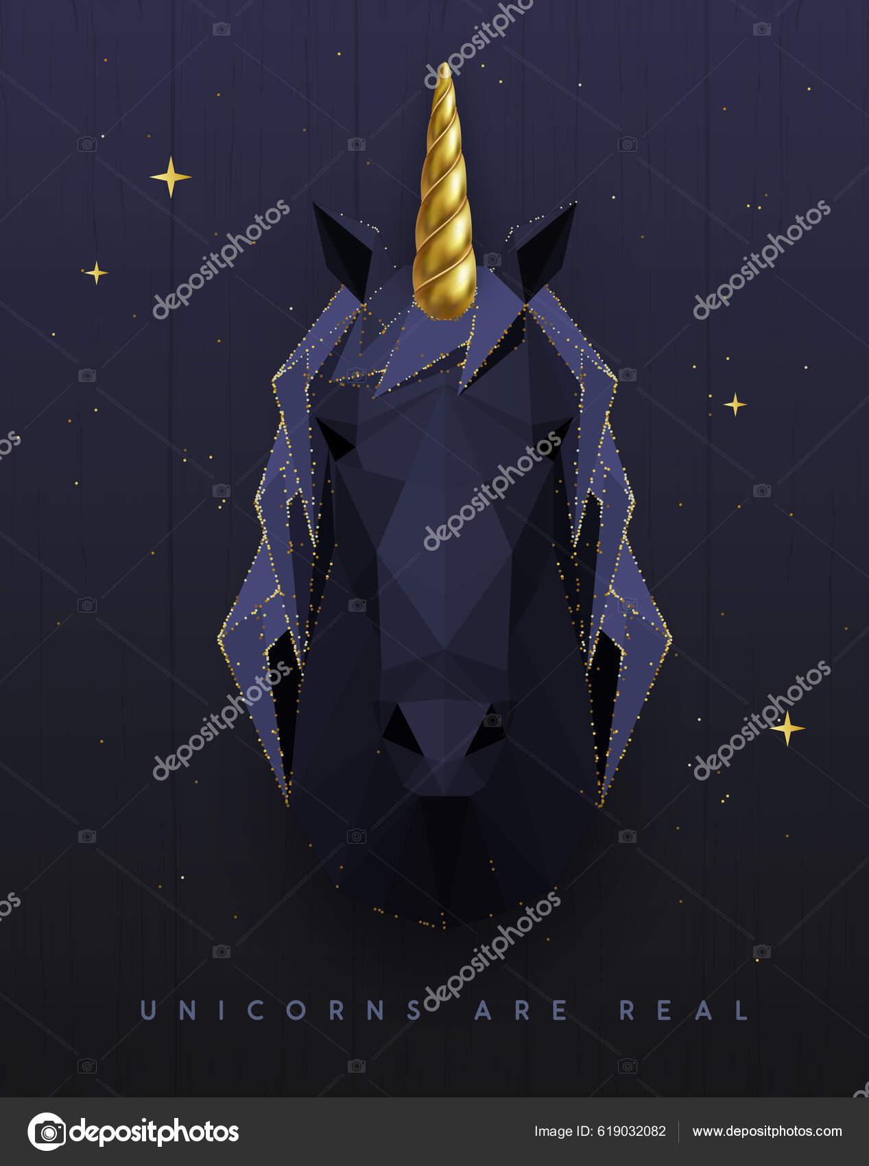 Polygon Paper Unicorn Head Golden Horn Black Background Vector ...