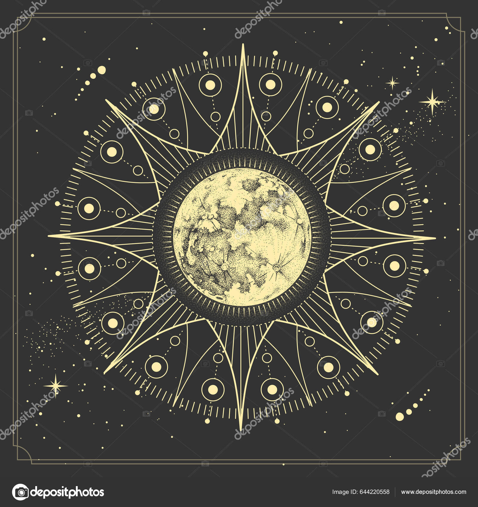 Modern Magic Witchcraft Card Astrology Full Moon Realistic Hand Drawing ...