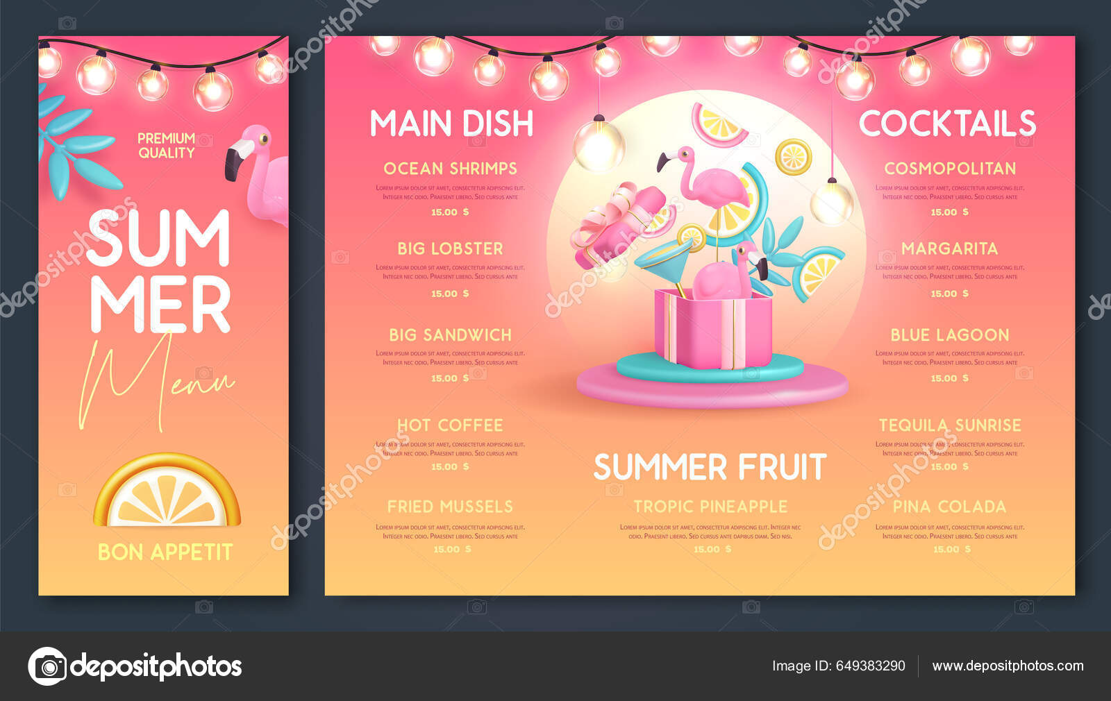 Restaurant Summer Menu Design Plastic Cocktail Tropic Fruits Flamingo ...