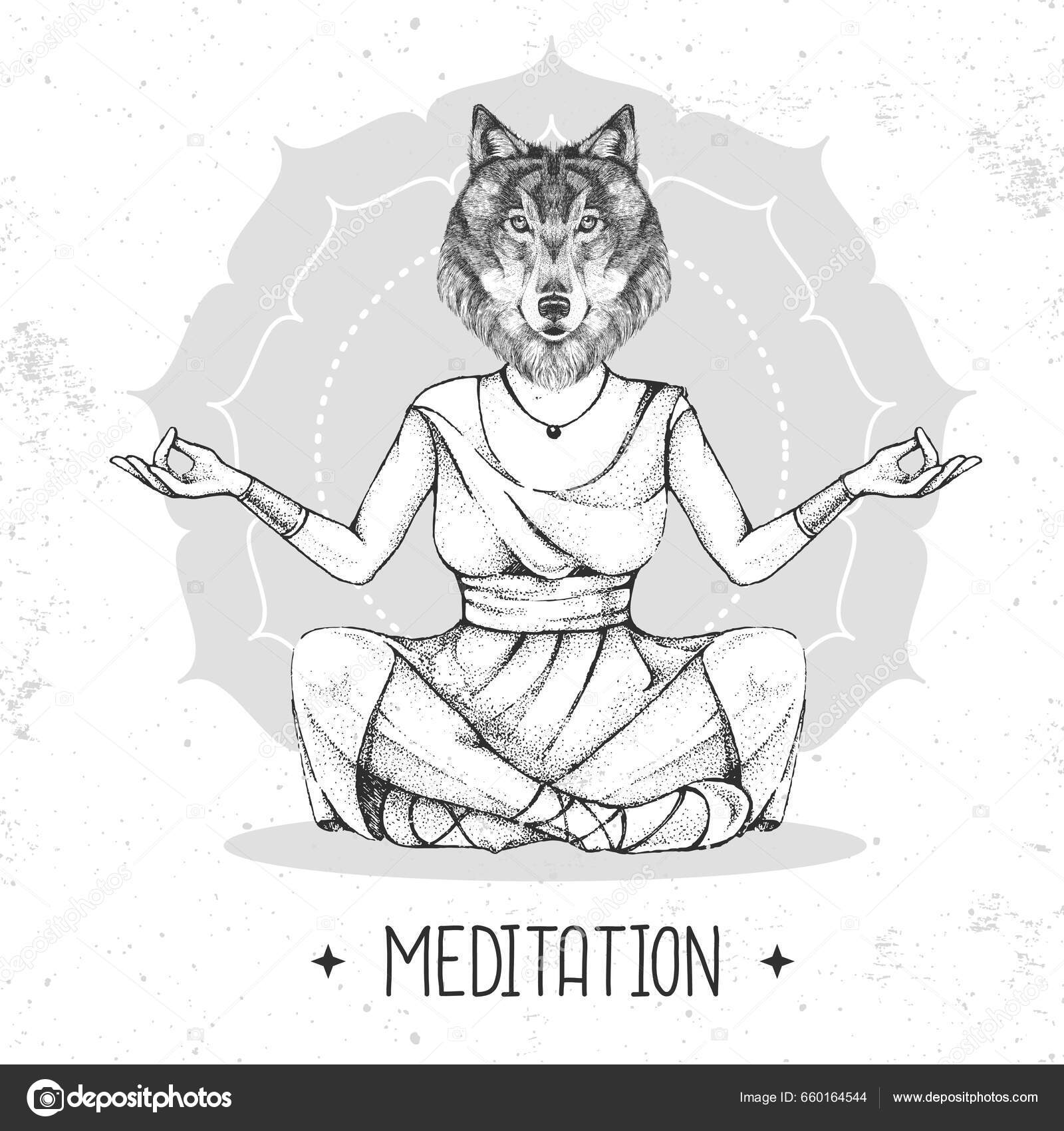 Hand Drawing Hipster Animal Wolf Meditating Lotus Position Mandala ...
