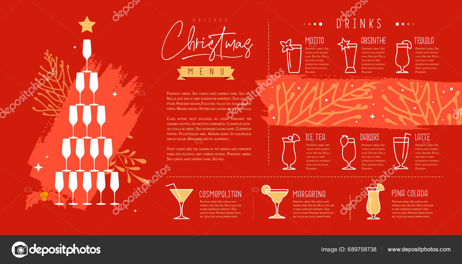 Restaurant Christmas Holiday Menu Design Pyramid Champagne Glasses ...
