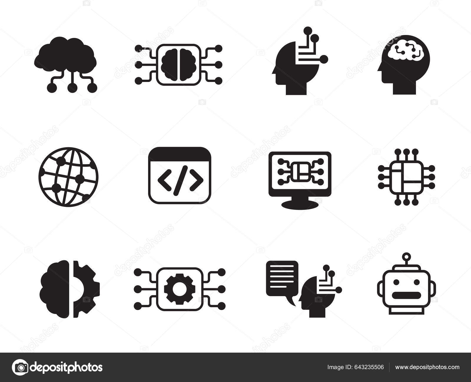 Set Artificial Intelligence Computer Icons Black Style Isolated White ...