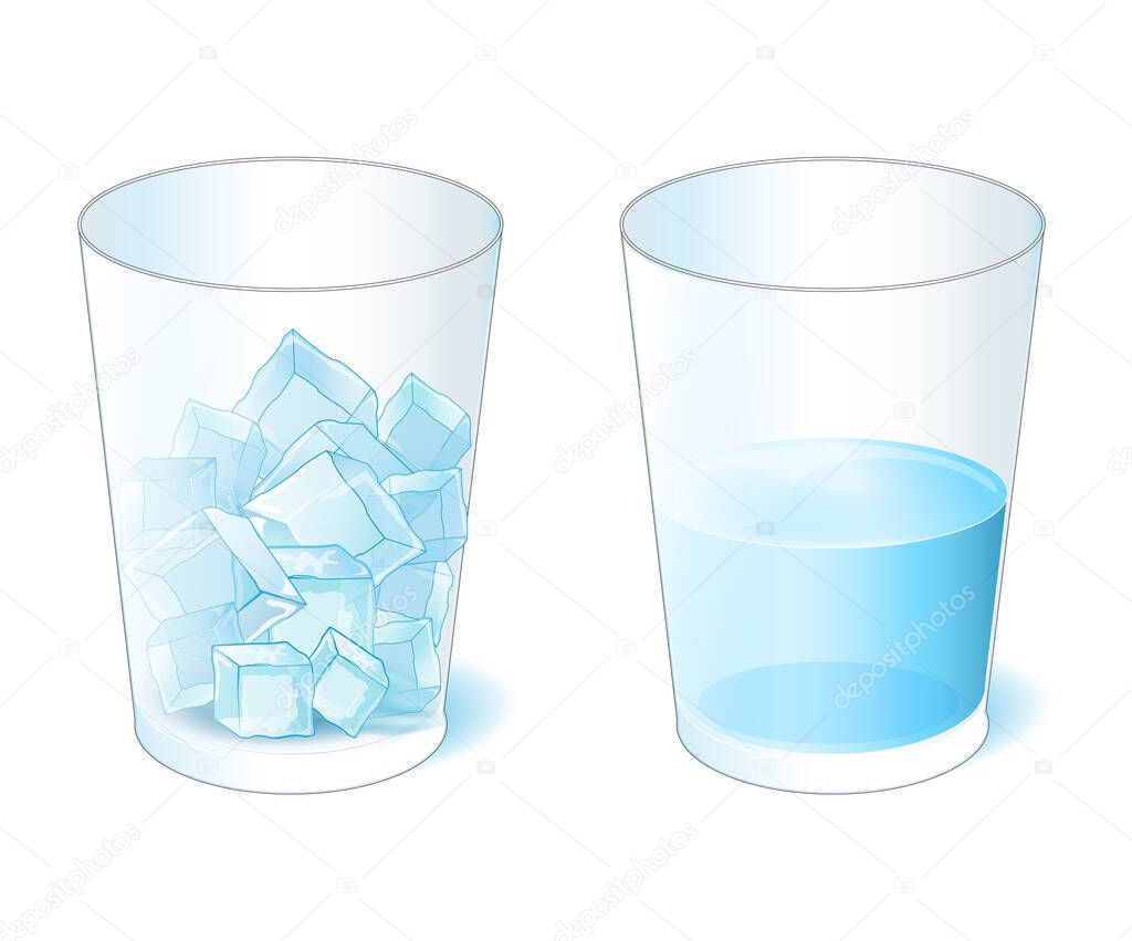 Experimento científico con hielo y agua. estados de la materia. Dos vasos con hielo y agua ...