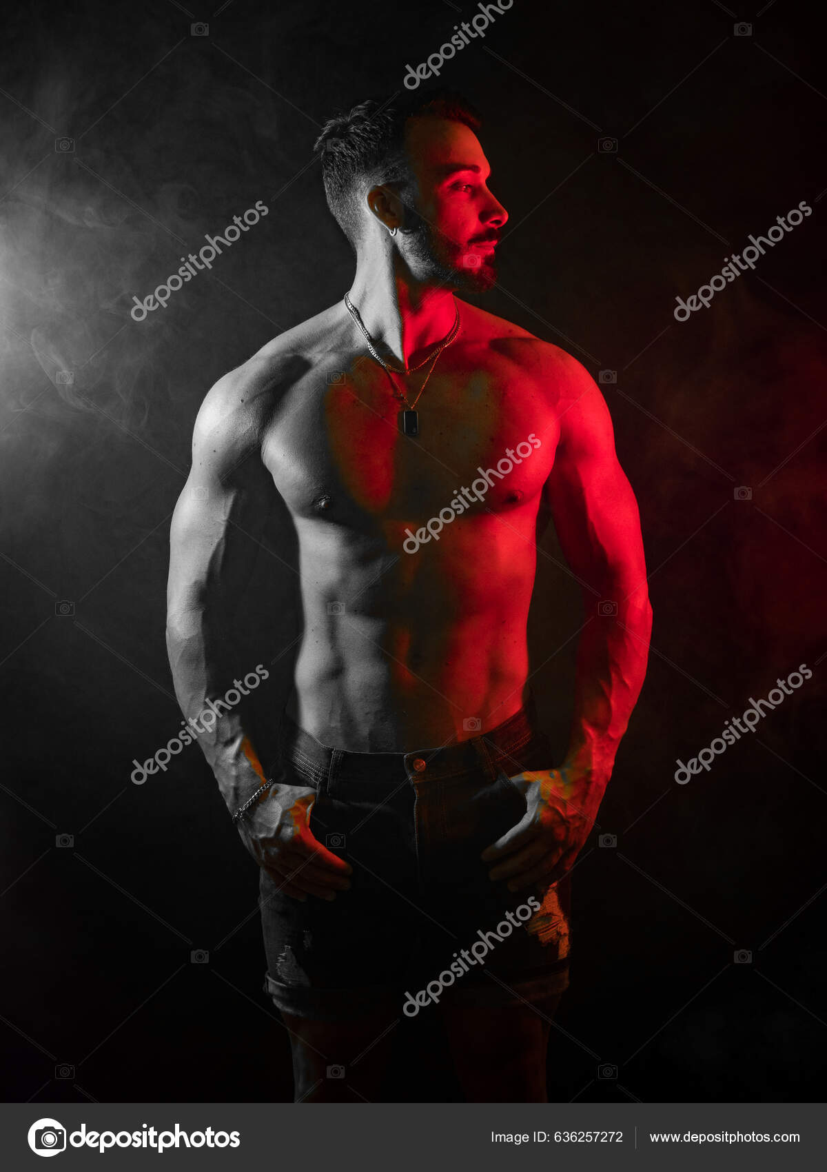 Shirtless Muscular Male Bodybuilder Studio Shot Black Dramatic Colorful ...