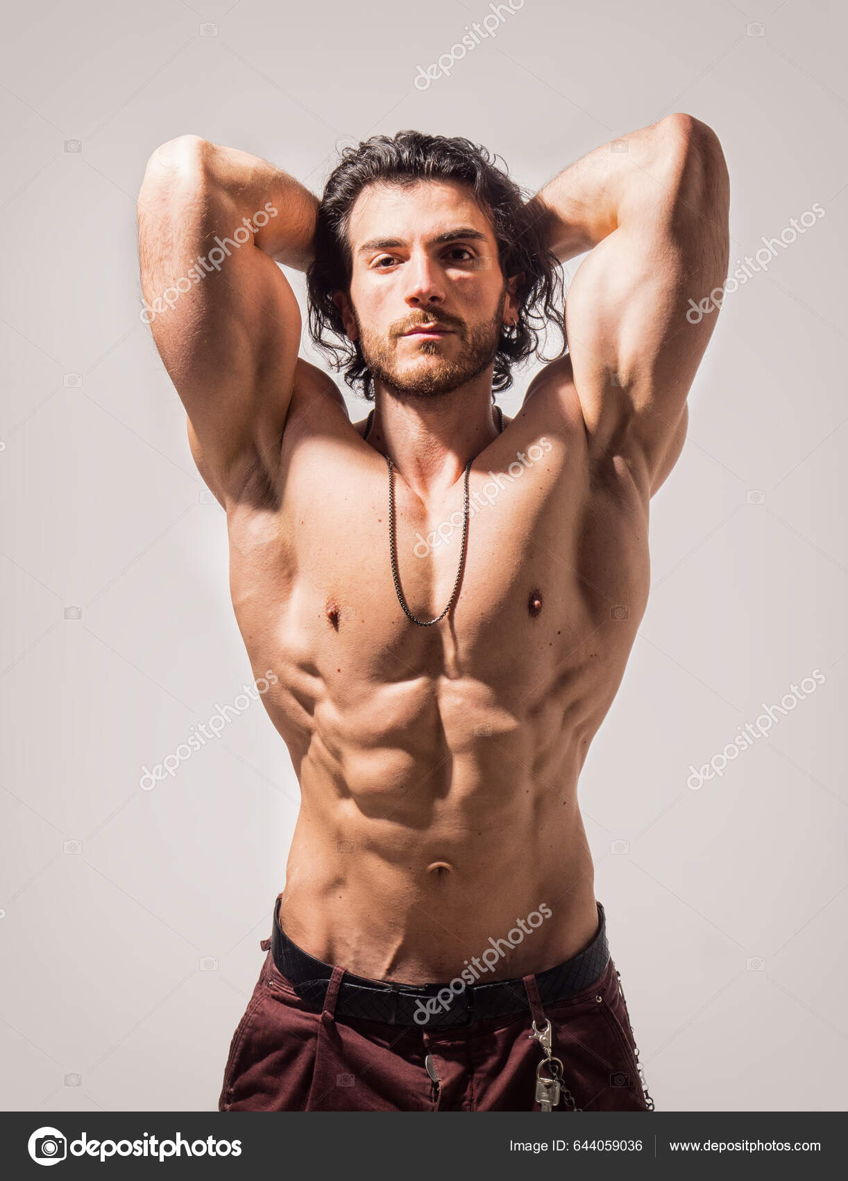 Confident Attractive Shirtless Muscular Young Man Ripped Abs Pecs Light ...