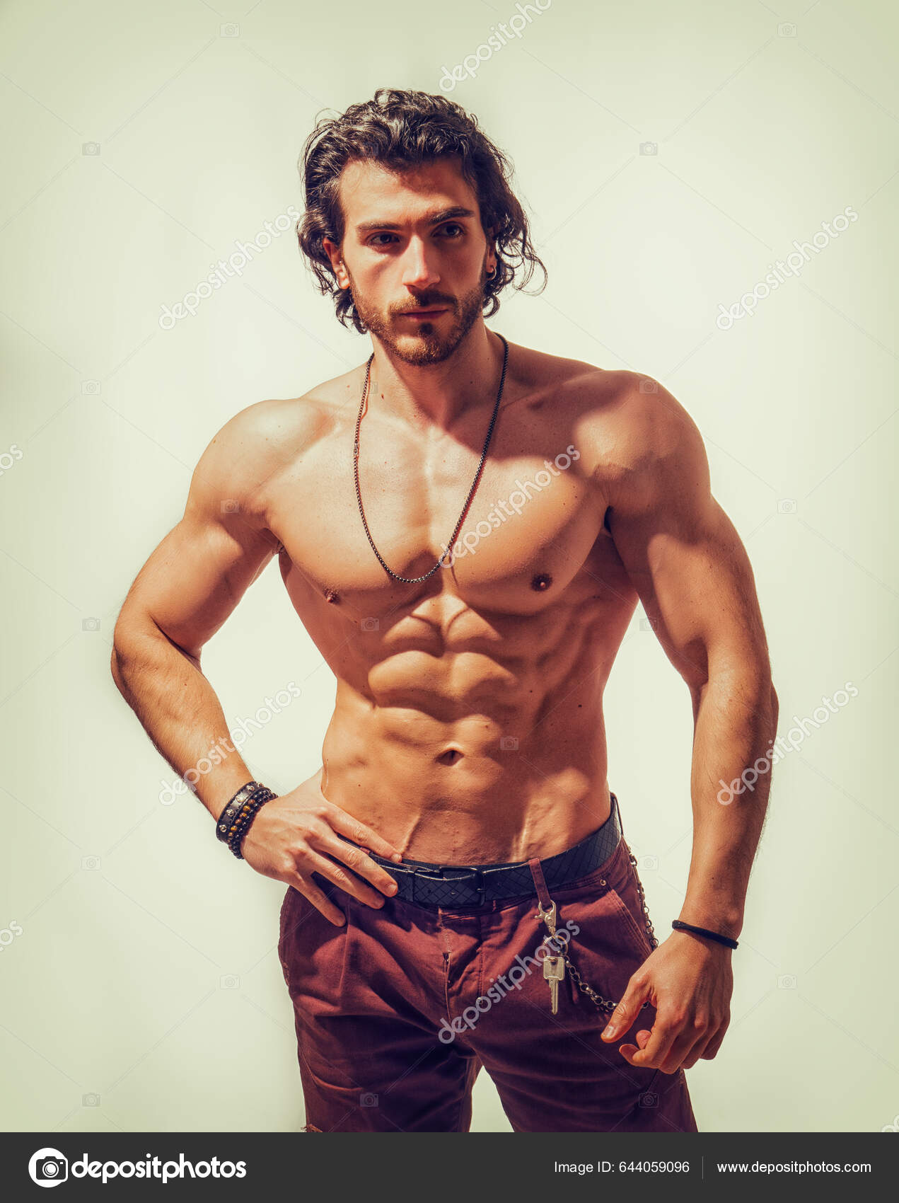 Confident Attractive Shirtless Muscular Young Man Ripped Abs Pecs Light ...