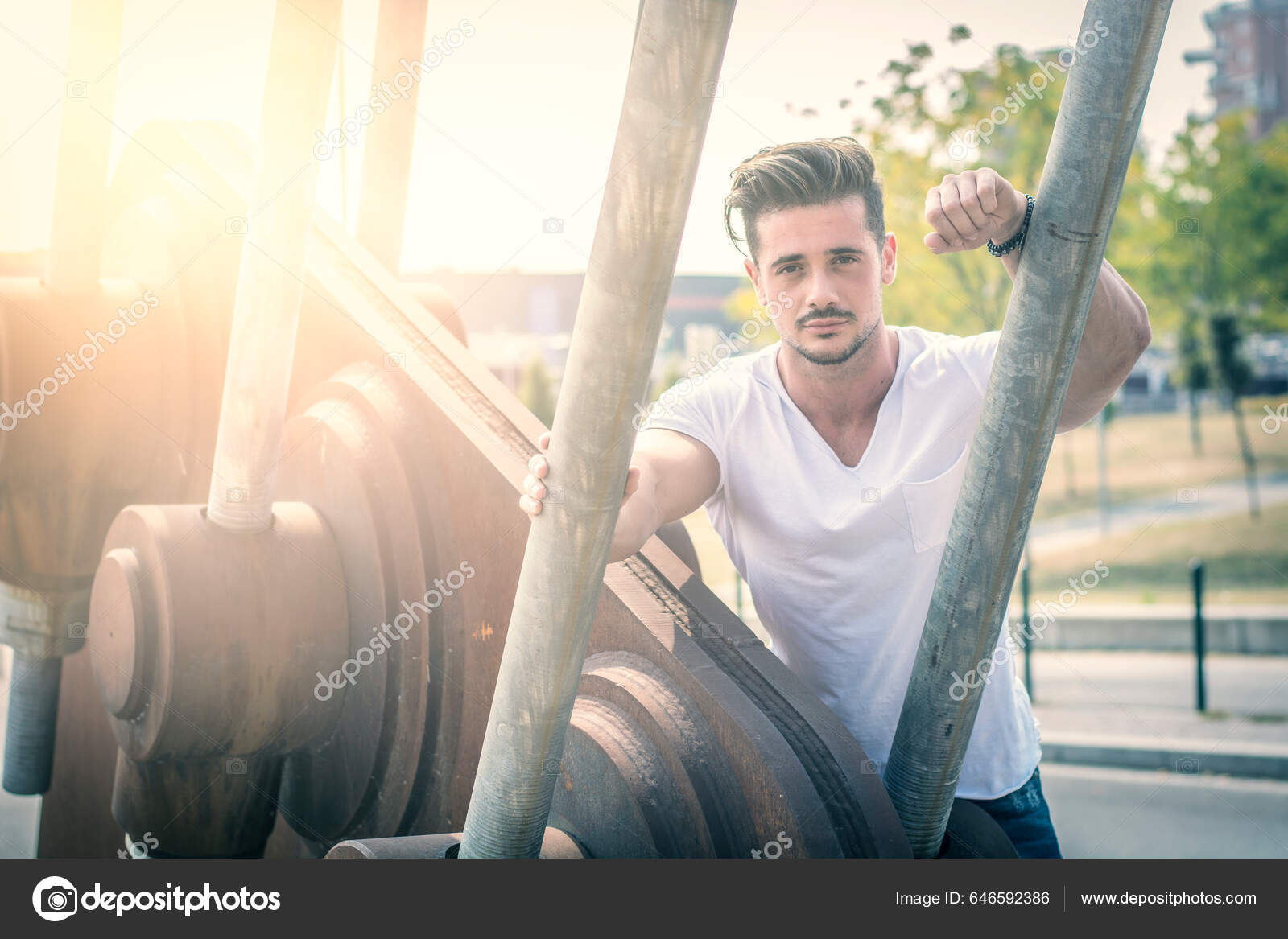 Attractive Man Urban Setting Front Big Metal Structure Stock Photo by ...