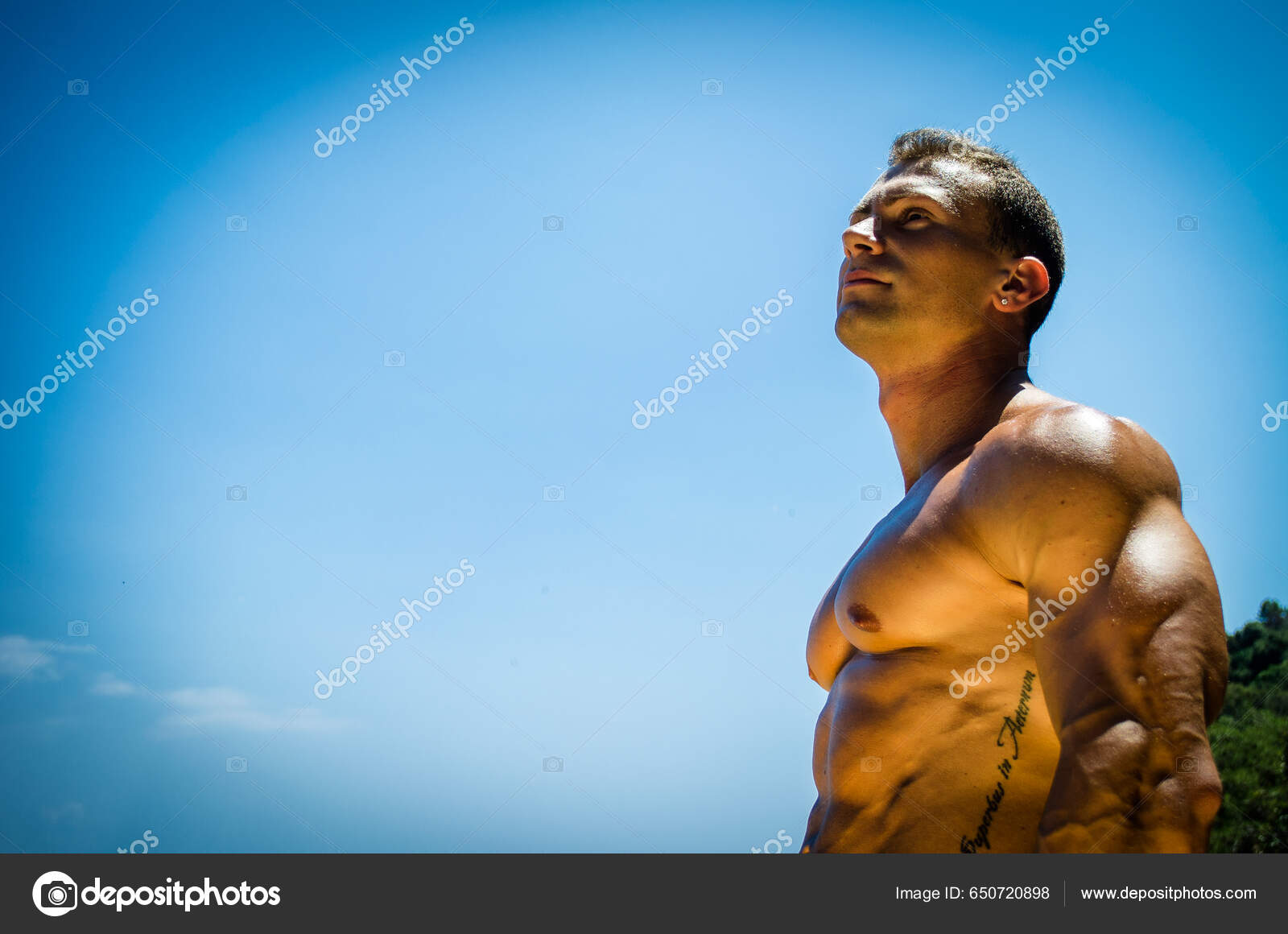 Handsome Young Muscle Man Seaside Outdoors Showing Muscular Pecs Torso ...