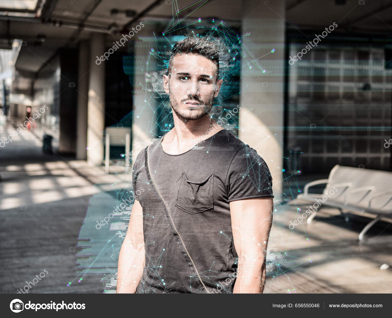 Concept Digitally Connected Person Handsome Young Man Surrounded ...