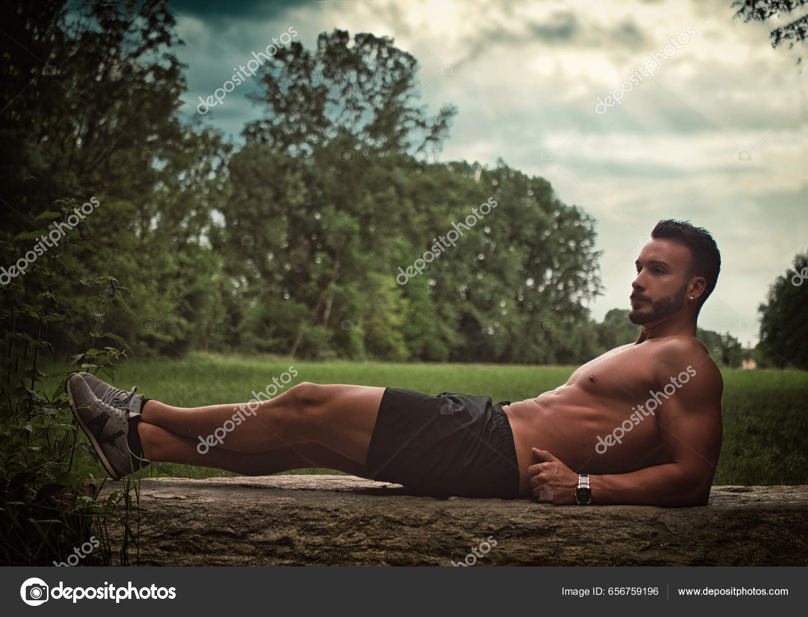 Full Body Side View Handsome Young Bearded Shirtless Male Muscular ...