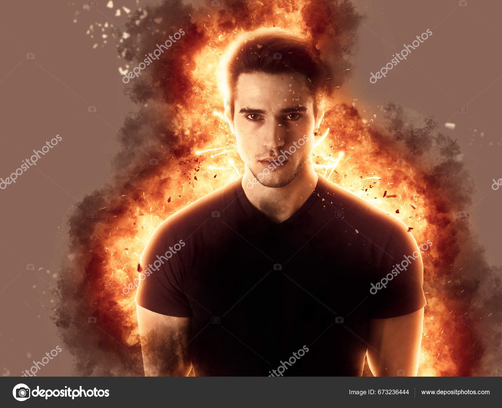 Young Man Fire Explosion Flame Burst Him Looking Camera Light — Stock ...