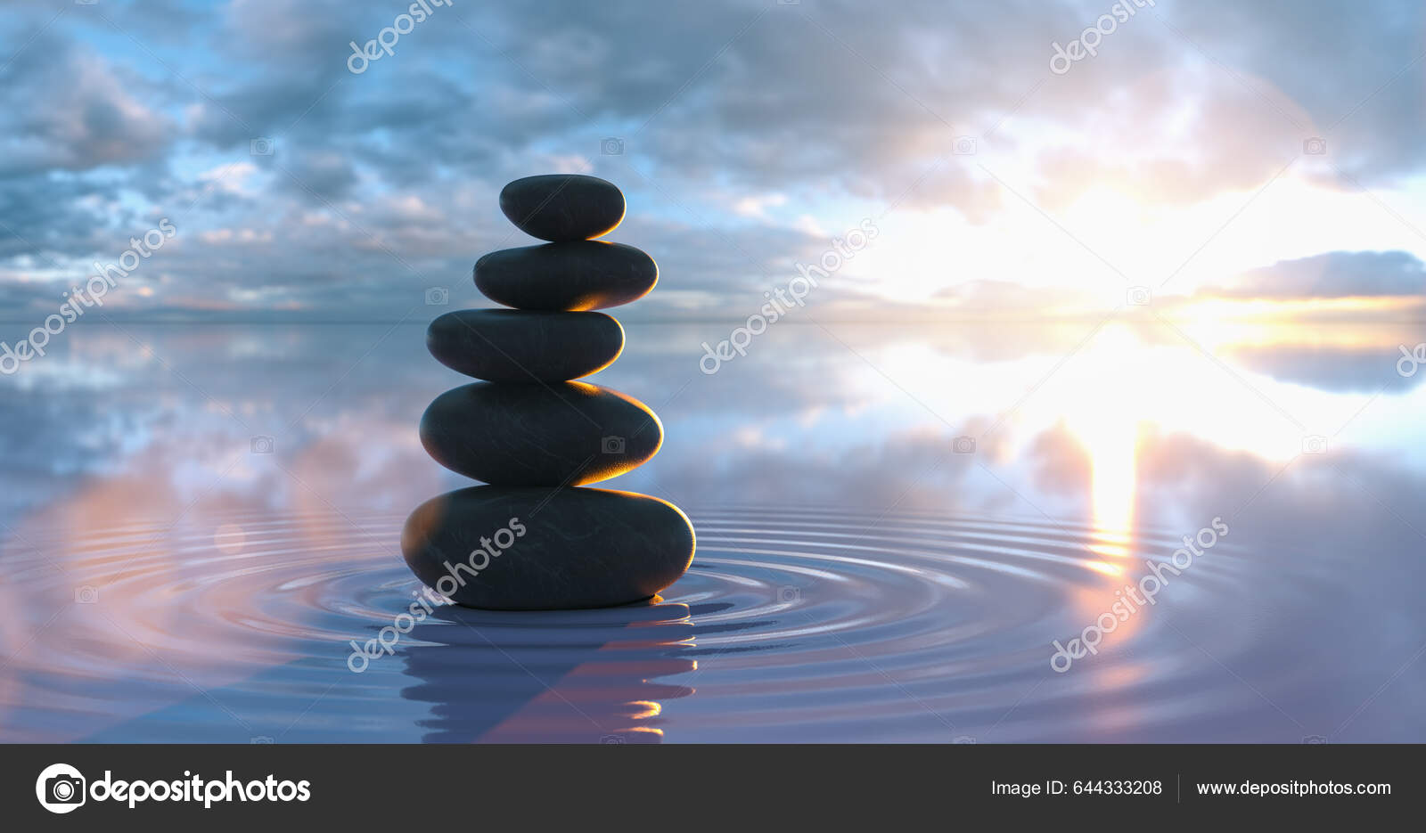 Japanese Zen Garden Stacks Pebbles Wide Ocean Sunset — Stock Photo ...