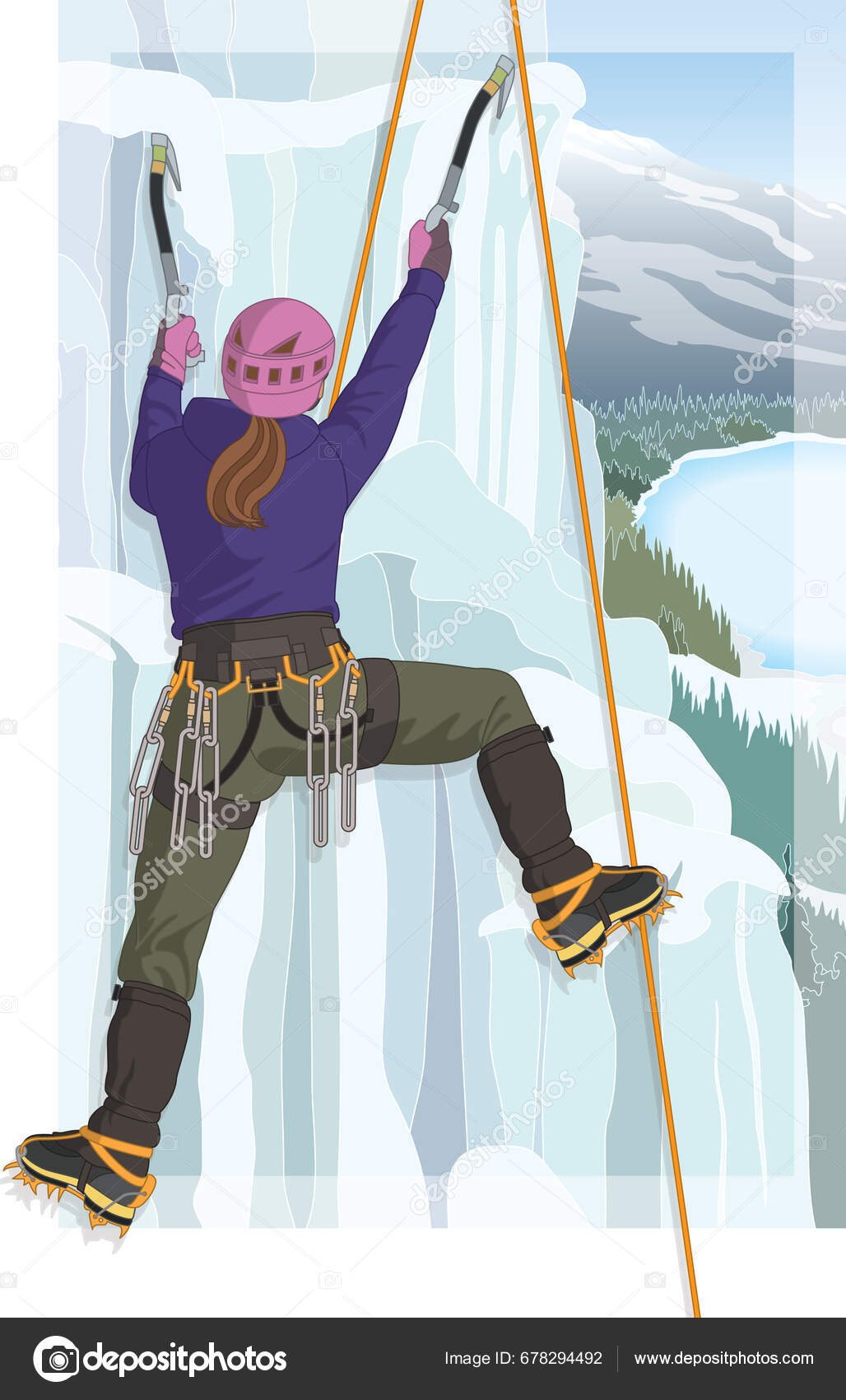 Alpine Climbing Female Climber Scaling Ice Using Ice Axes Wearing Stock ...