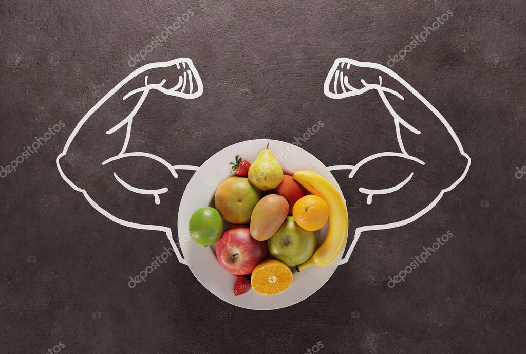 Músculos en el fondo de un plato con diferentes frutas. El concepto de ...