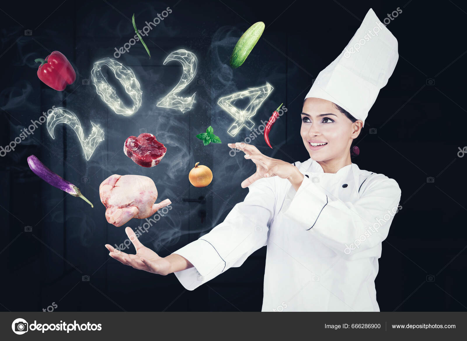 Indian Female Magician Chef Flying Food Ingredients Smoke Shaped 2024 ...