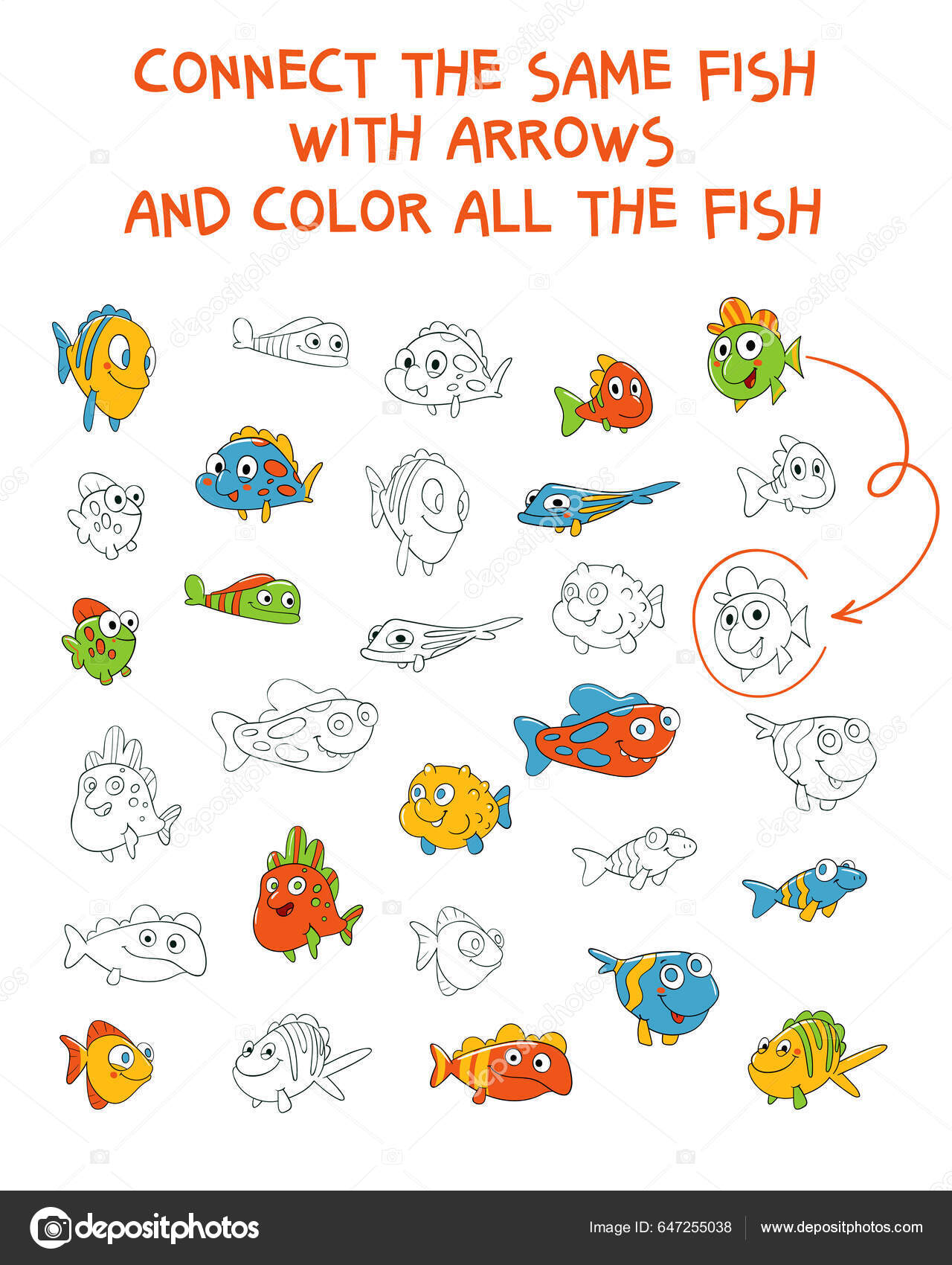 Connect Same Fish Arrows Color All Animals Matching Game Educational ...