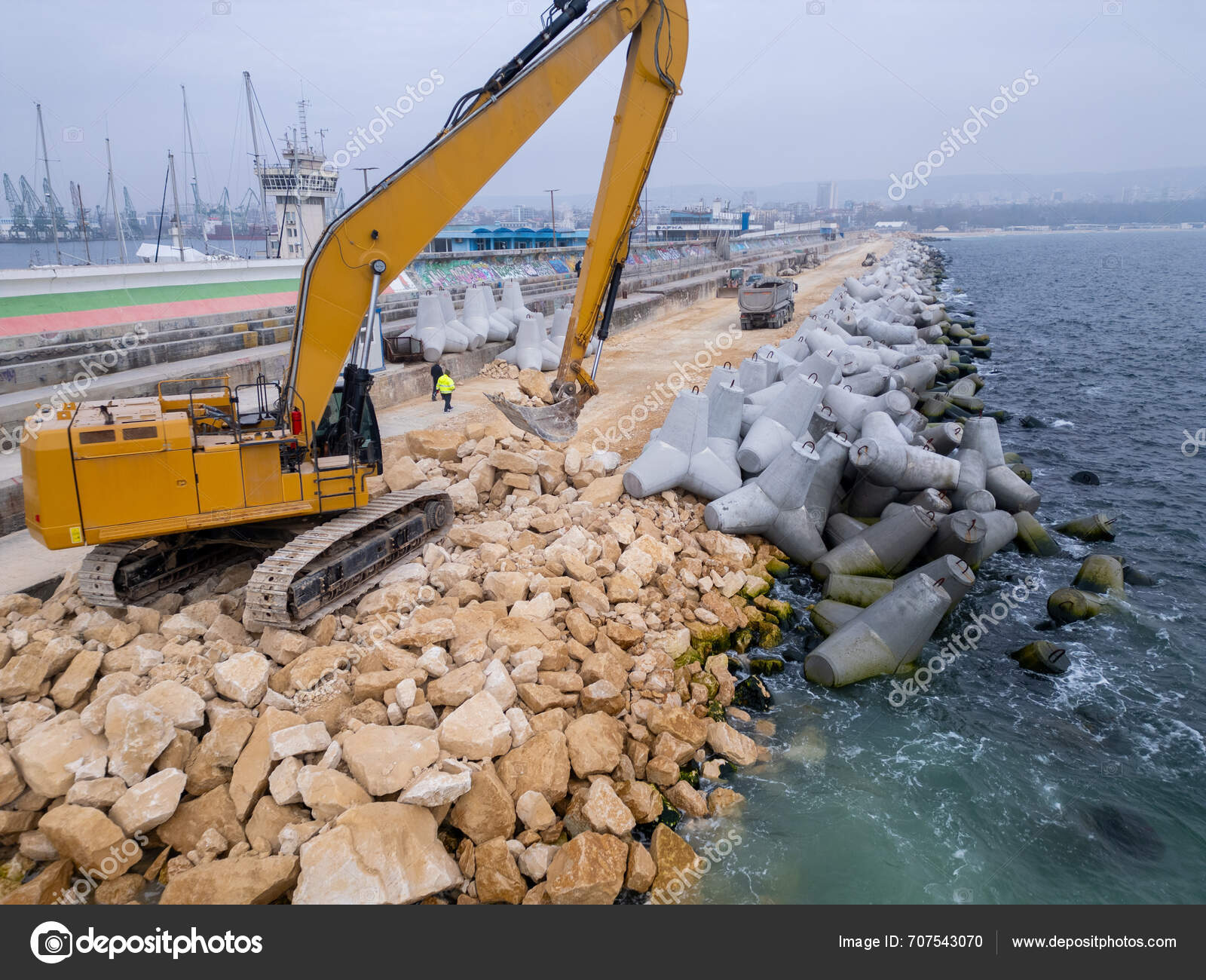 Long Line Concrete Blocks Stretches Sandy Beach Creating Visible ...