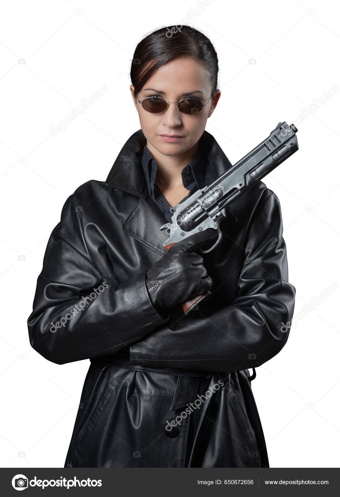 Attractive Female Agent Black Leather Coat Sunglasses Holding Gun ...