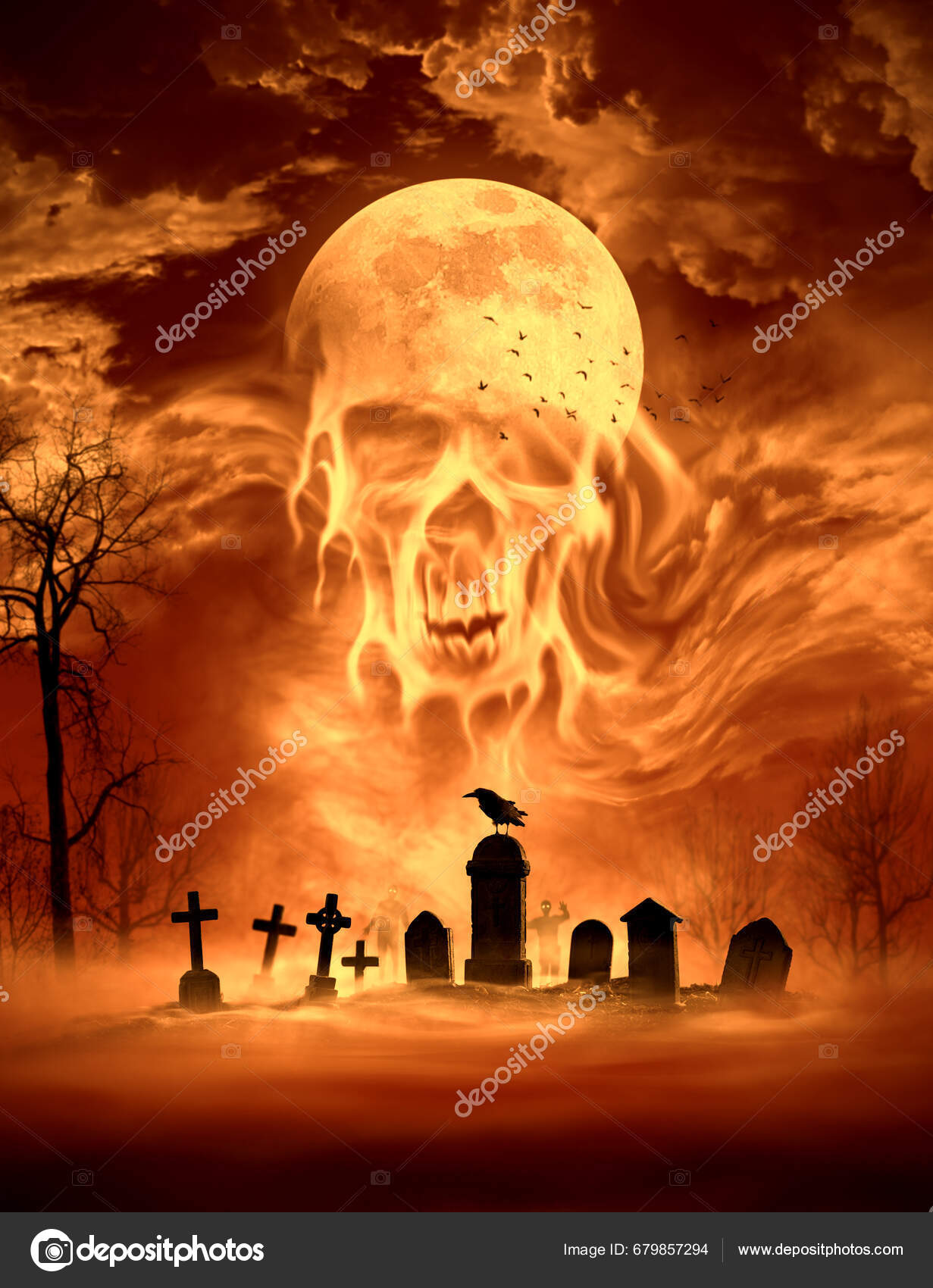Scary Moon Clouds Shaped Human Skull Sky Creepy Old Graveyard — Stock ...