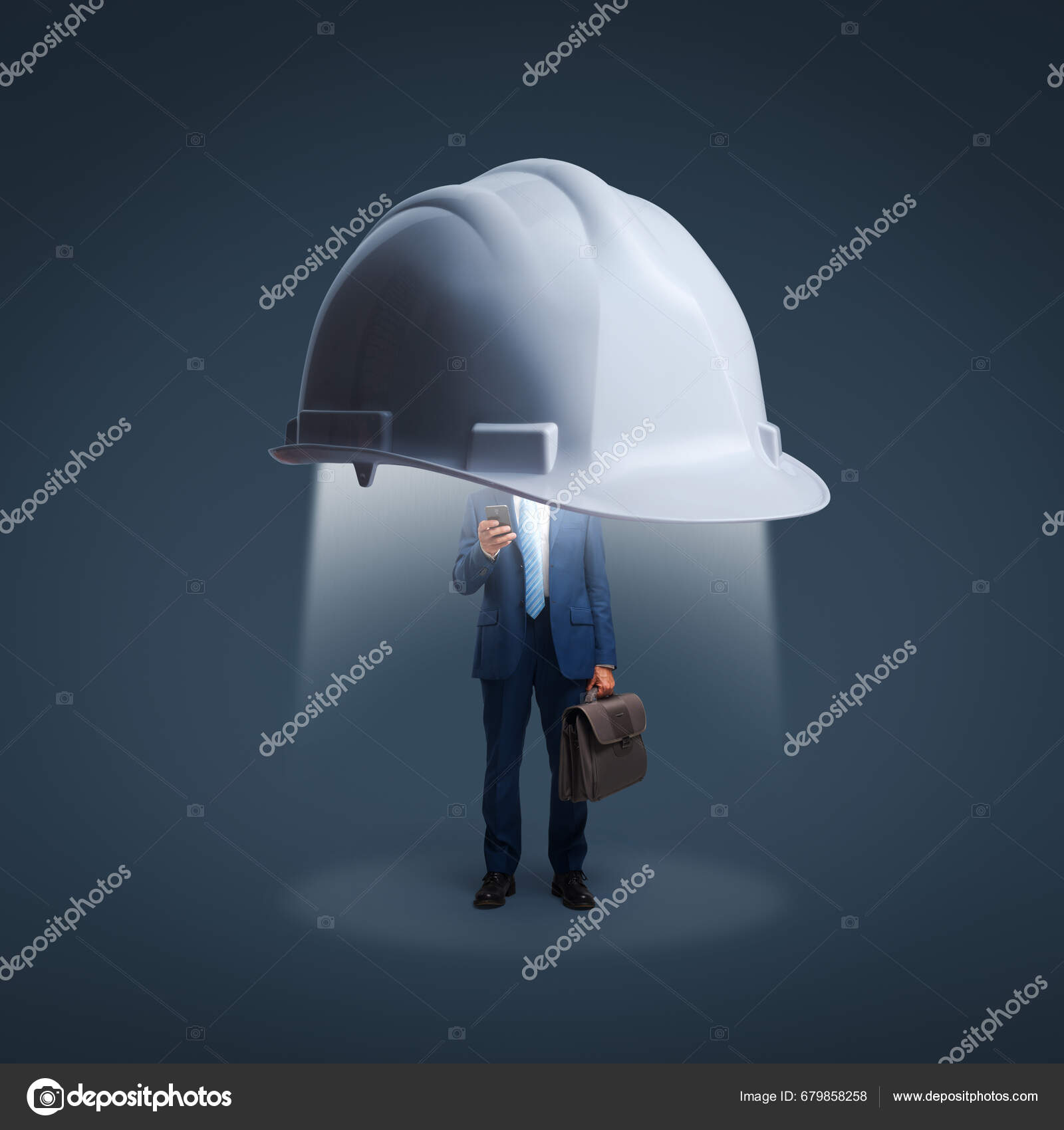 Big Safety Helmet Protecting Corporate Businessman Using Smartphone ...