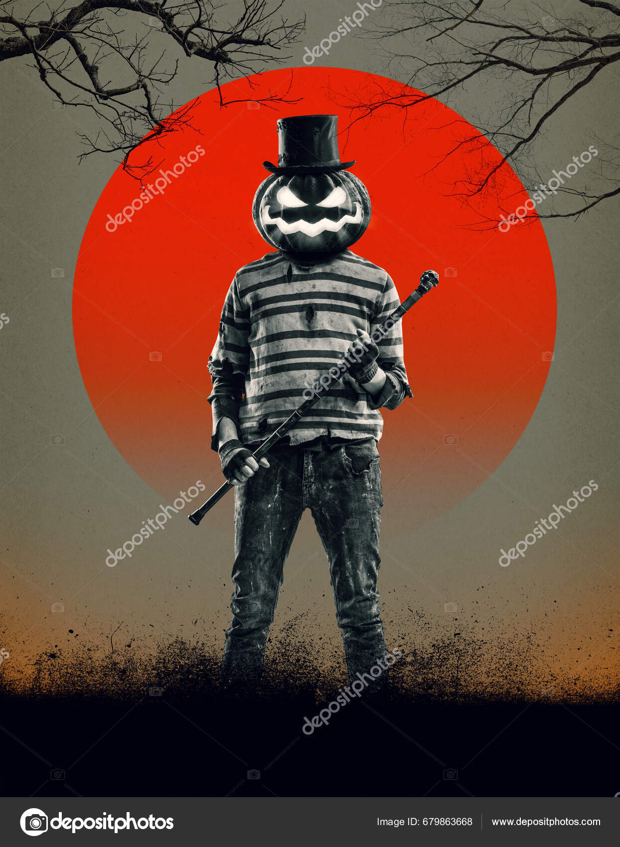Scary Horror Character Pumpkin Head Holding Stick Halloween Poster Copy ...