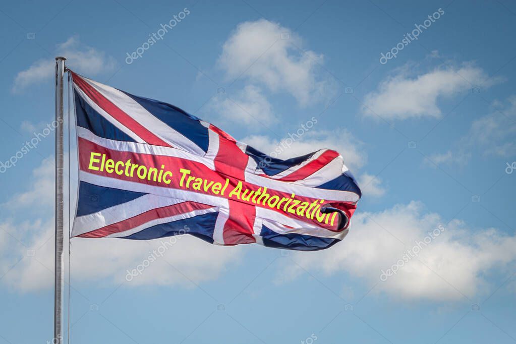 Union Jack ondea la bandera con texto electrónico de autorización de ...