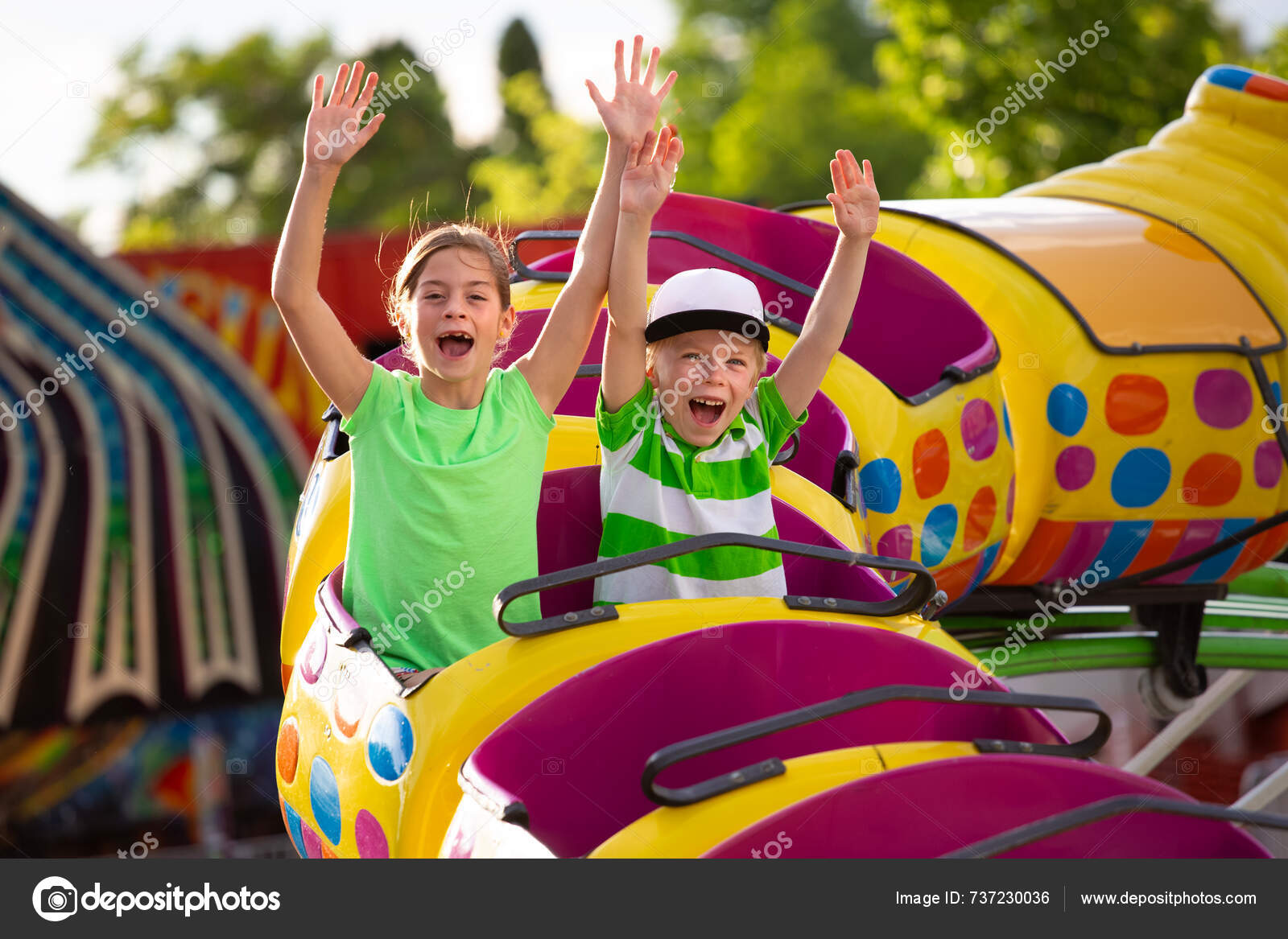 Boy Girl Thrilling Roller Coaster Ride Amusement Park Arms Raised ...