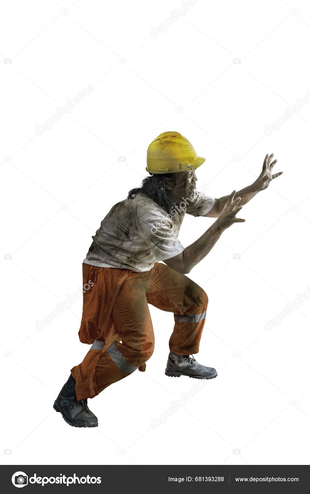 Scary Construction Worker Zombie Blood Wounds His Body Walking Isolated ...