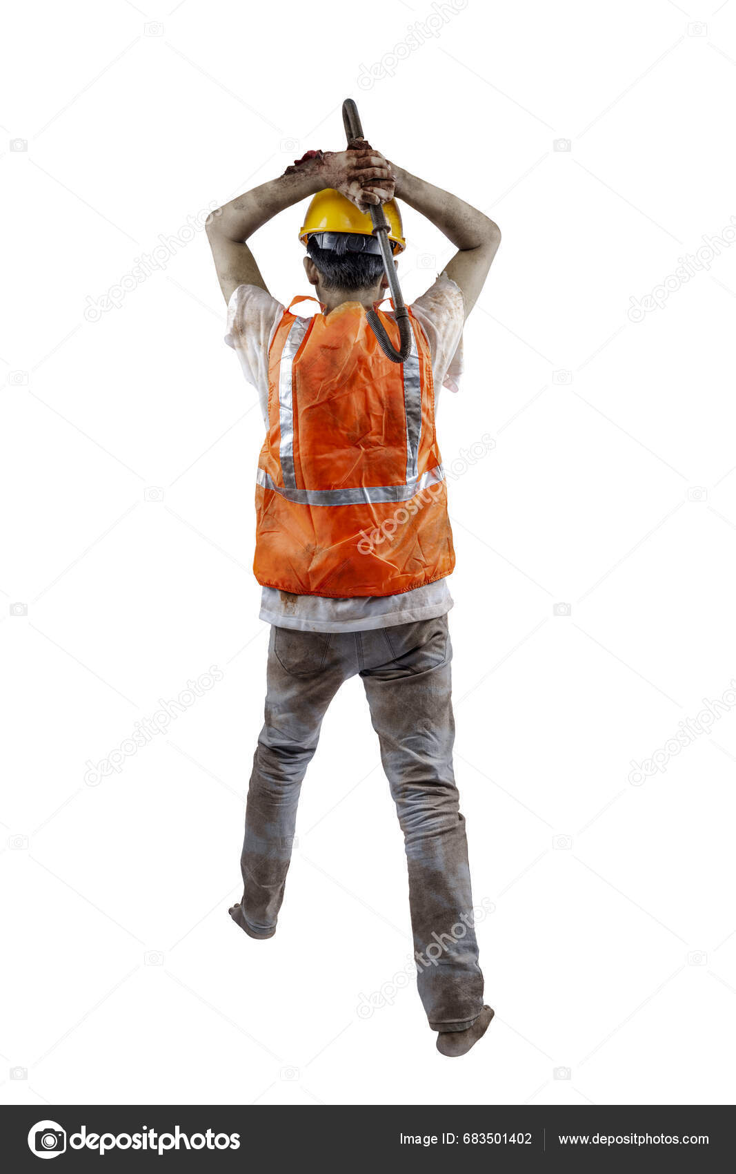 Rear View Scary Construction Worker Zombie Blood Wounds His Body ...