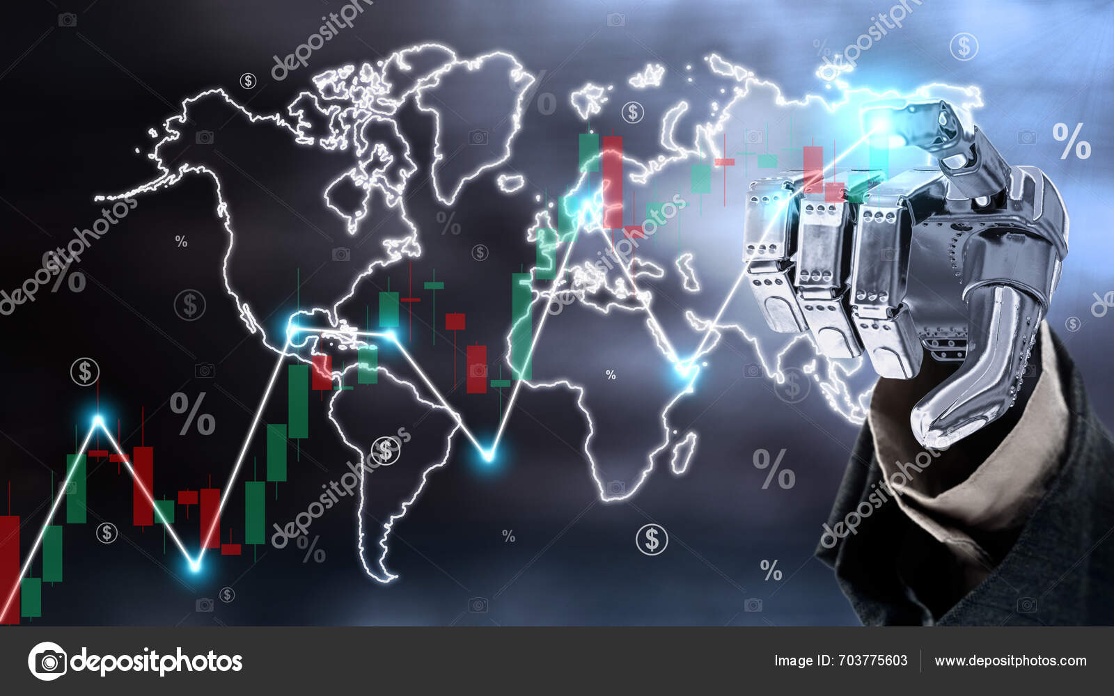 Image Robot Hand Pointing Arrow Stock Graph Chart Background Artificial — Stock Photo ...