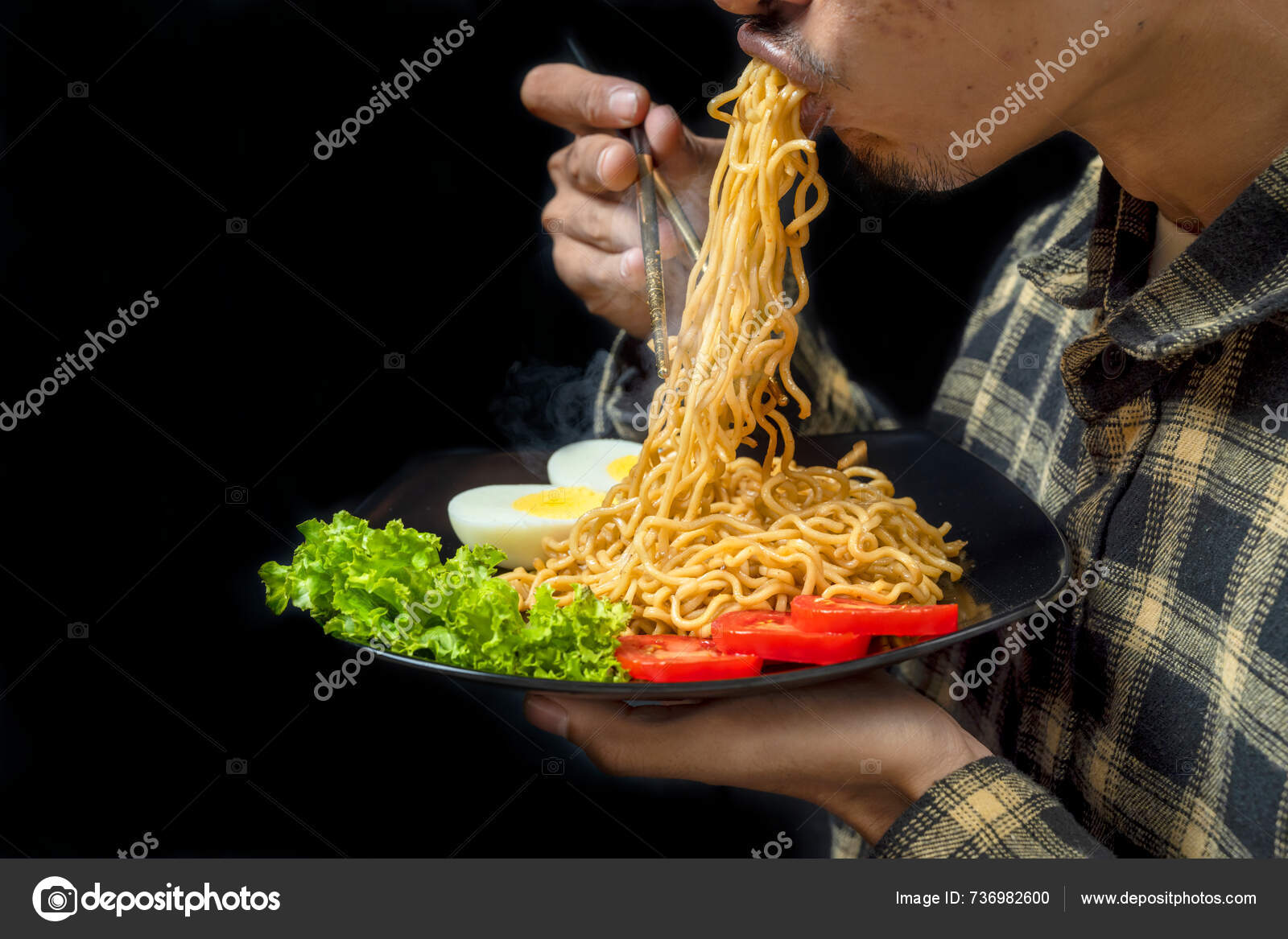 Man Eating Instant Noodles Chopsticks Noodles Long Almost Out His ...