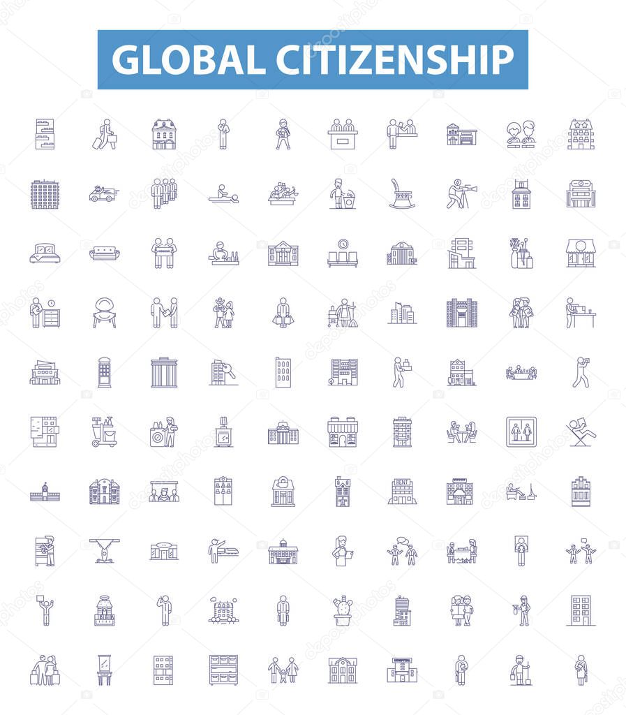 Iconos de la línea de ciudadanía global, signos establecidos. Colección ...