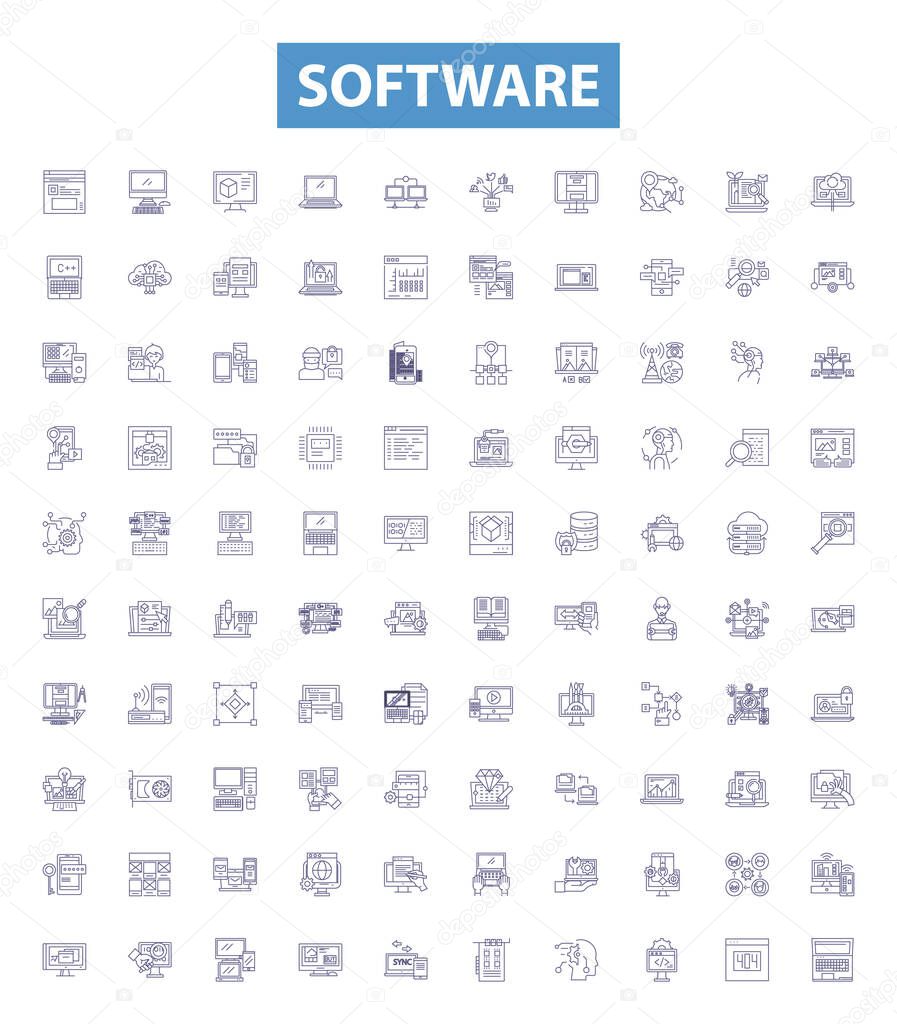 Iconos de línea de software, signos establecidos. Colección de software ...