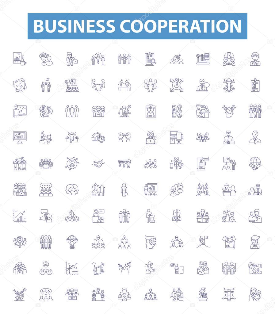 Iconos de línea de cooperación empresarial, letreros establecidos ...