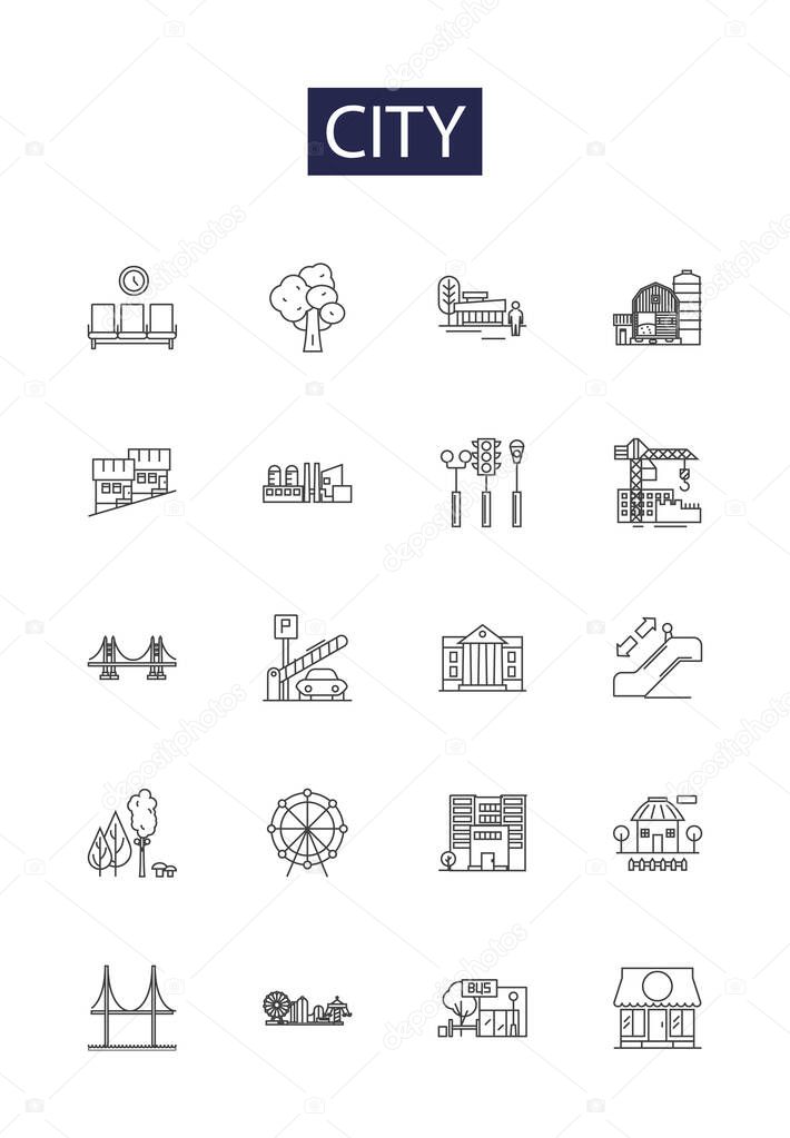 Iconos vectoriales de línea de ciudad y signos. Municipio, Metrópolis ...