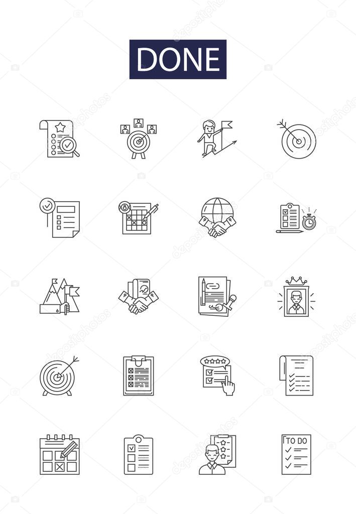 Iconos y signos vectoriales de línea acabada. Fini, Terminado, Encima ...