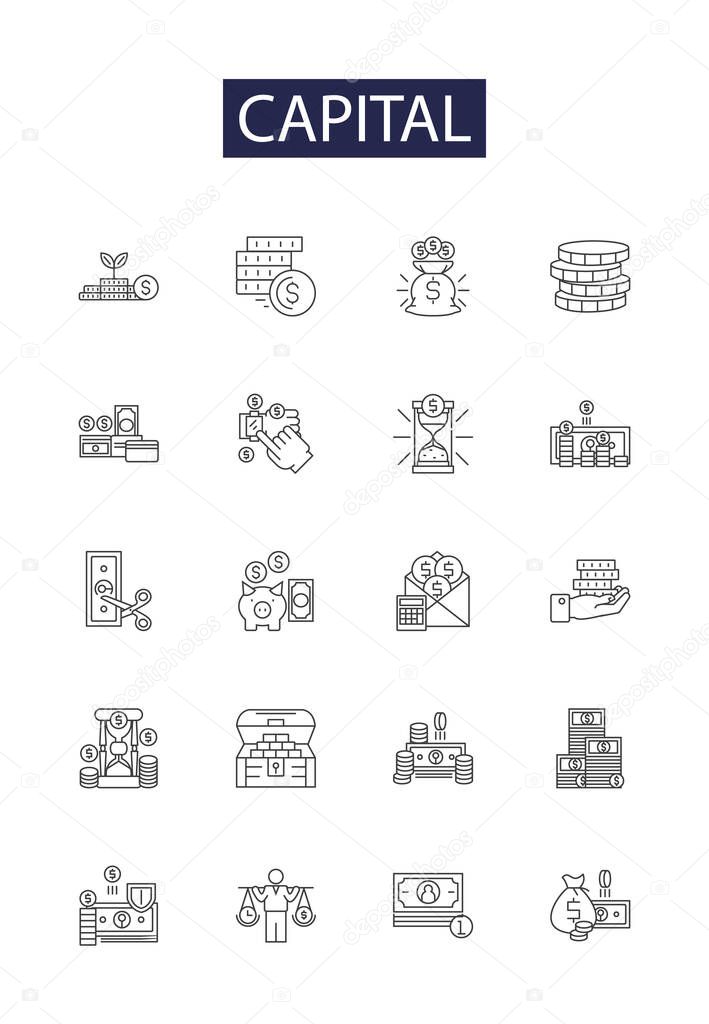 Iconos y signos vectoriales de línea capital. Riqueza, Fondos, Dinero ...