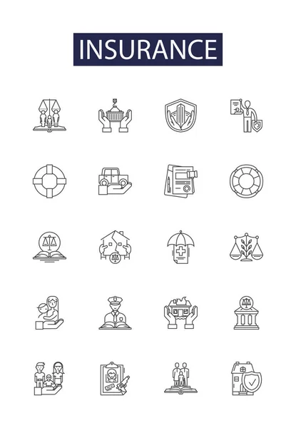 Línea de seguros vector iconos y signos. Cobertura, Riesgo, Responsabilidad, Proteger, Asegurar ...