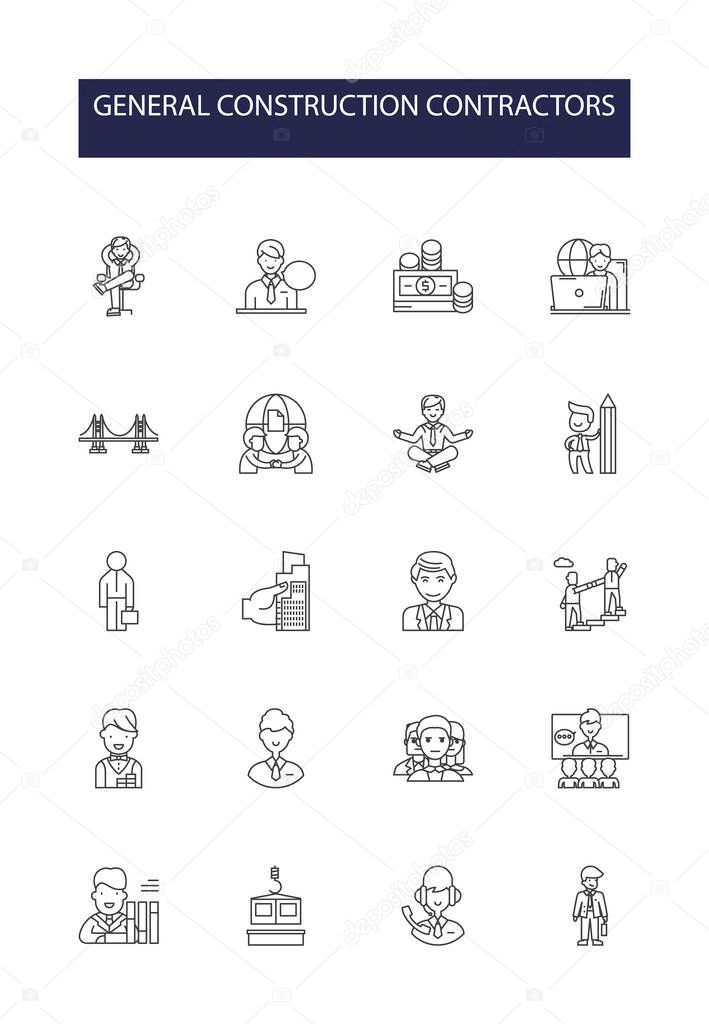 Contratistas generales de construcción línea vectorial iconos y signos ...